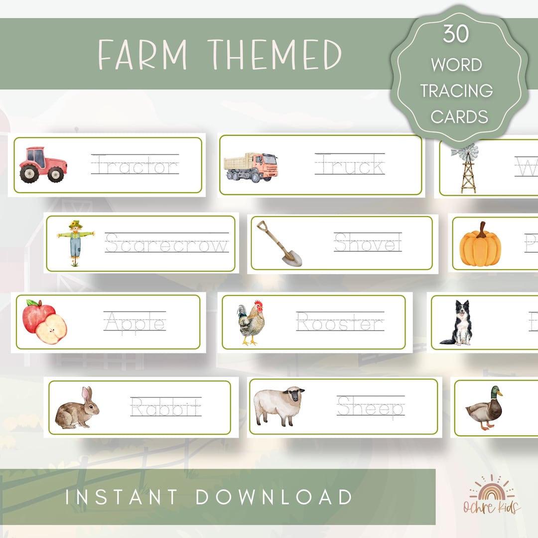 Farm Vocabulary Tracing Cards: Kids Handwriting Practice (PDF) - Etsy