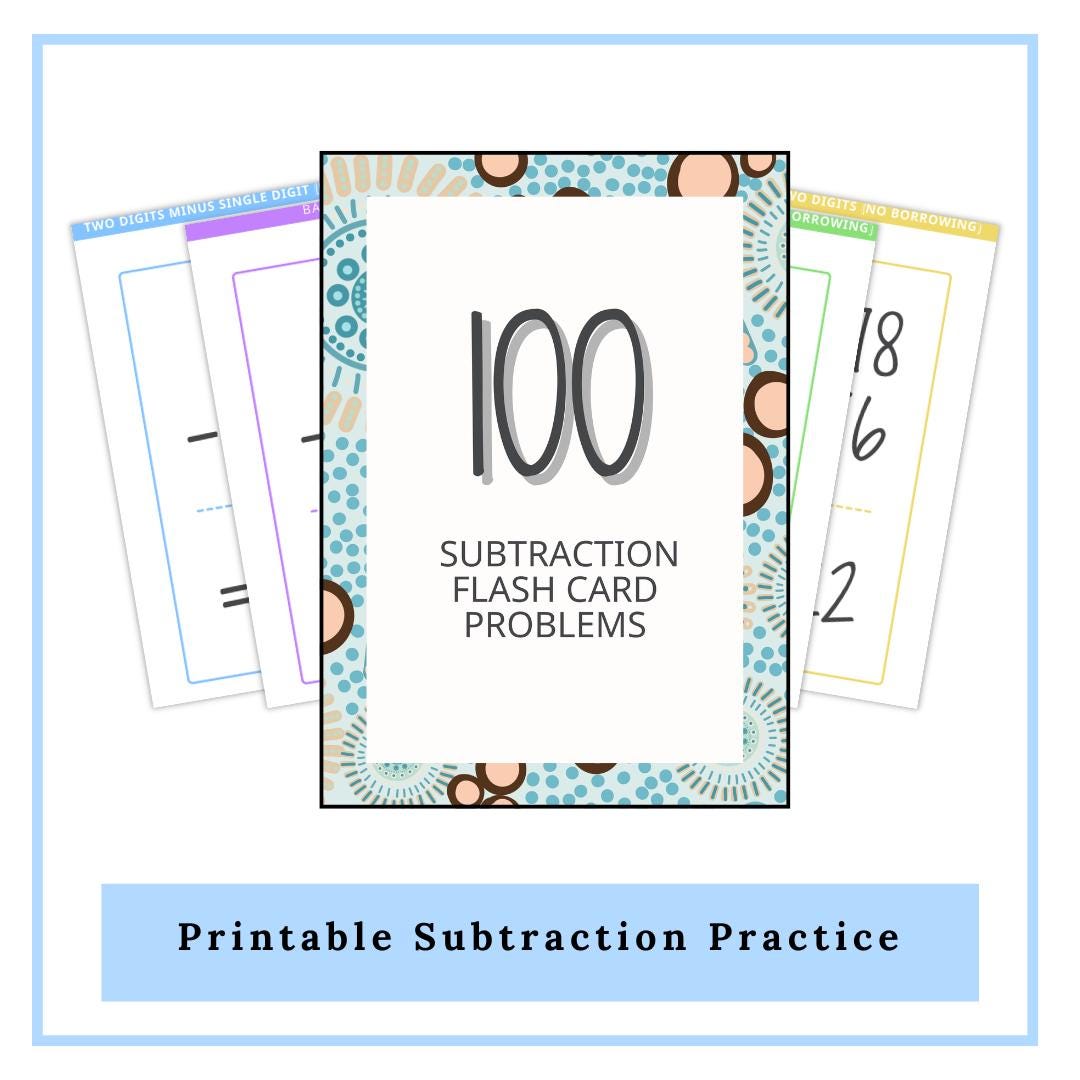 100 Subtraction Flash Cards for Kids Printable PDF and PNG | 6 Levels ...