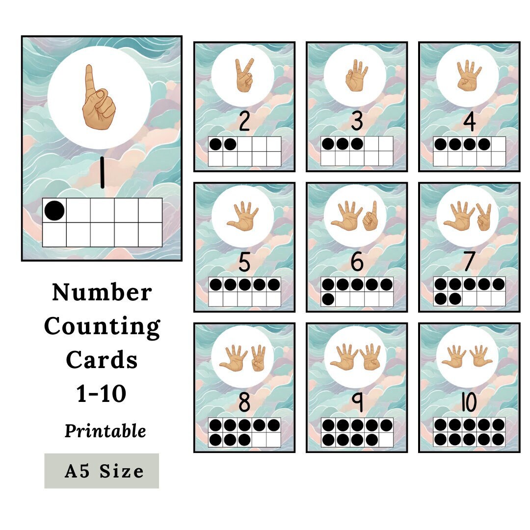 NUMBER CARDS Tens Frame Subitizing Counting Flash Cards Numeral Fingers ...
