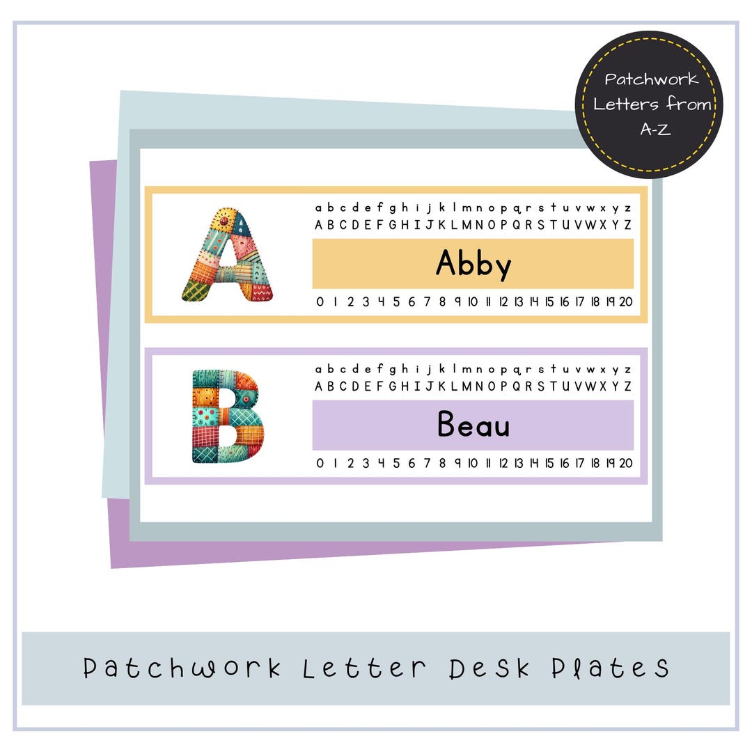 Patchwork Alphabet Desk Plates: Editable Name Tags (PDF + Canva) - Etsy
