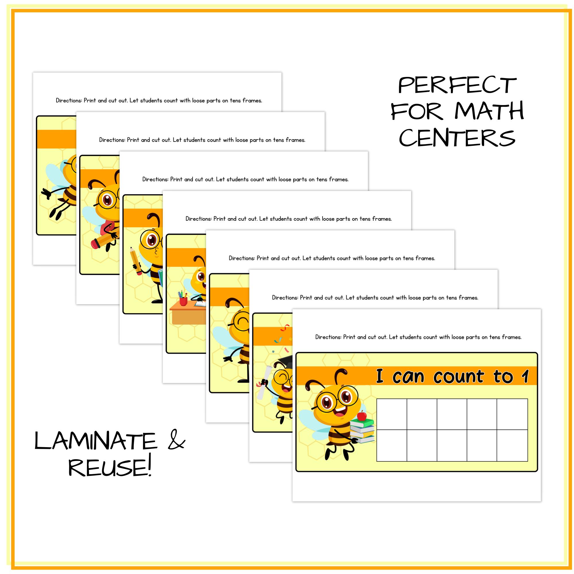Bee Themed Early Years Tens Frame Printable Math Cards, Number Sense ...