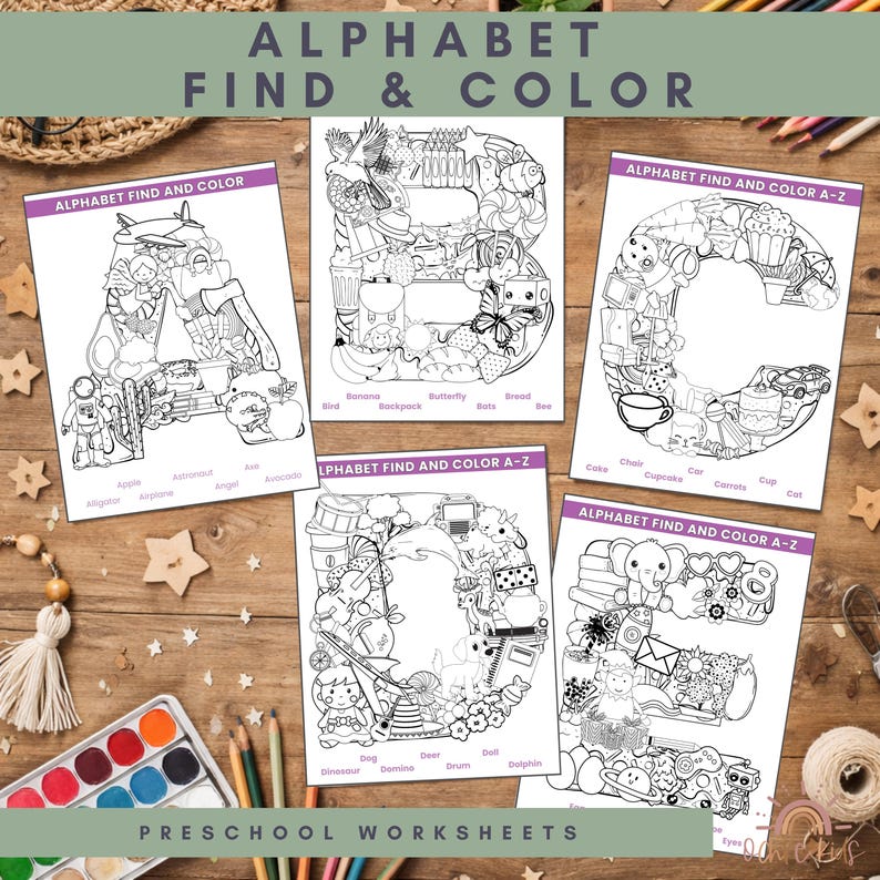 Alphabet Find and Color Worksheets A–Z | Preschool Letter Recognition ...