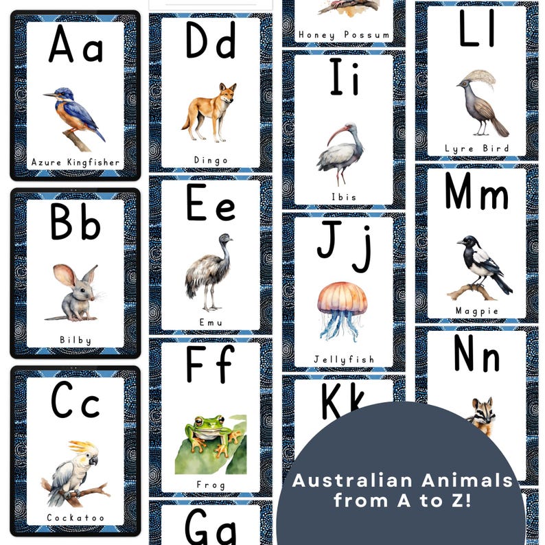 Australian Animal ABC Printable Cards – Indigenous-inspired Blue Theme ...