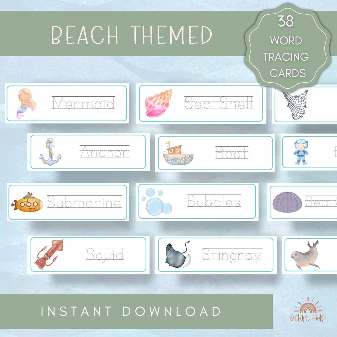 38 Beach Vocabulary Words Handwriting Practice Strips | Beach Word ...