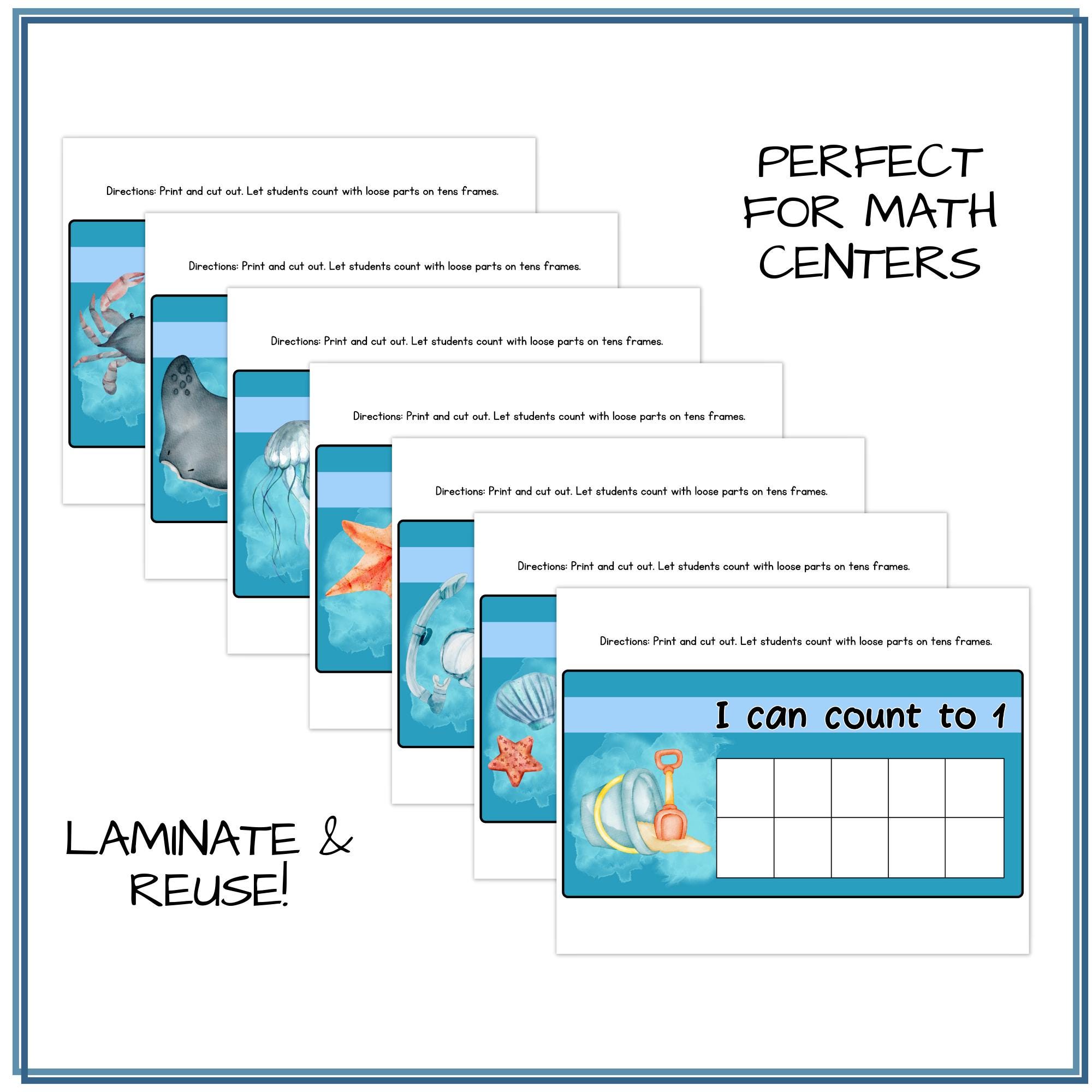 Beach Themed Early Years Tens Frame Printable Math Cards, Number Sense ...
