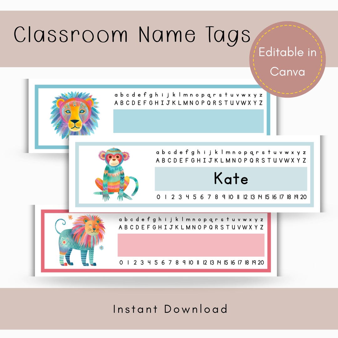 Jungle Animals Name Tags: Classroom Decor, Editable PDF & Canva ...