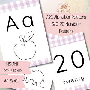 Number Poster and A-Z Alphabet Poster Pink Gingham 0-20 Number Line ABC ...