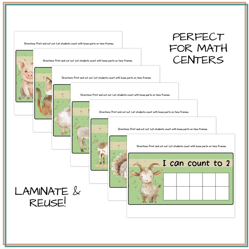 Farm Animal Ten Frame Math Cards | Counting 1-10 Printable | Preschool ...