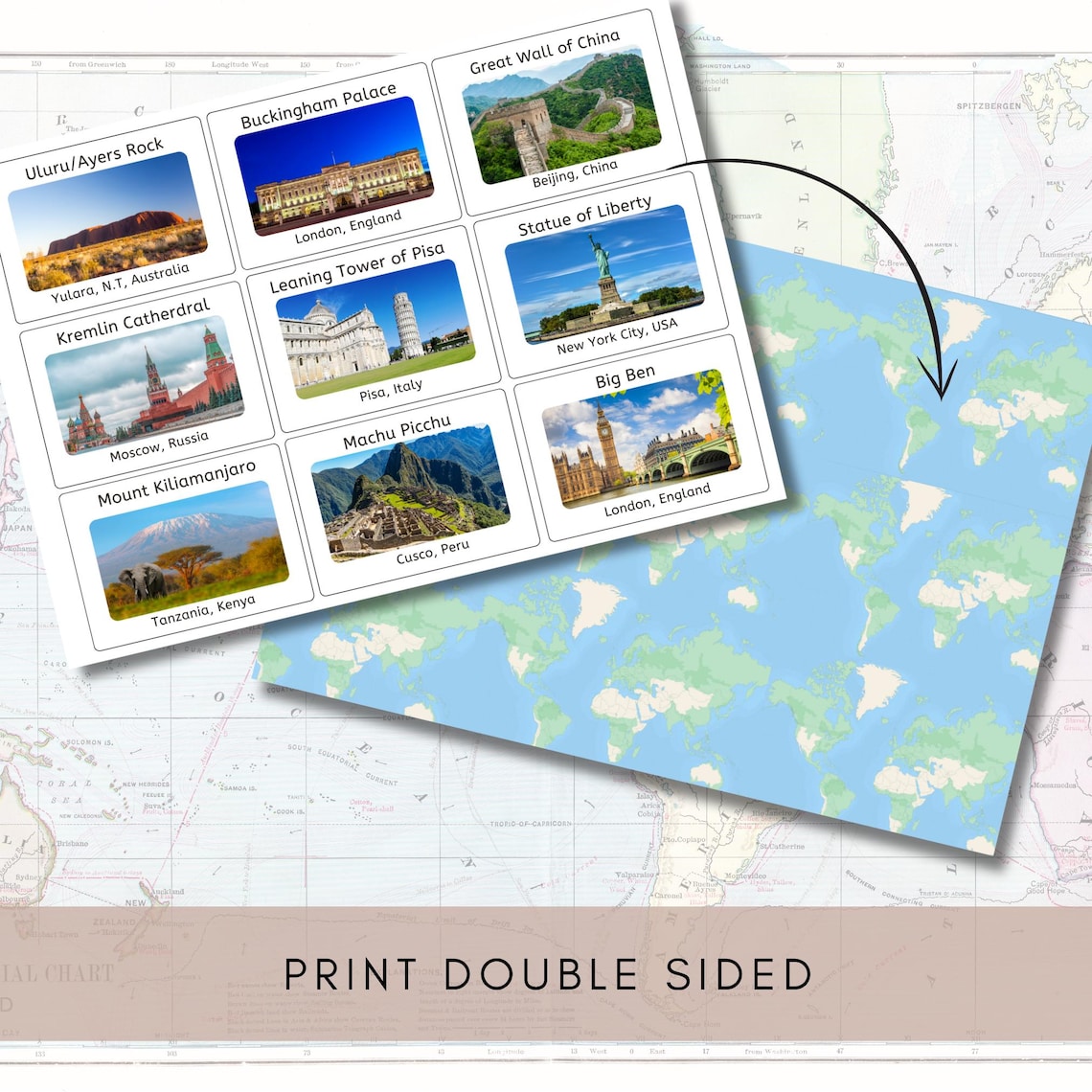Landmark Flashcards: Geography Learning Aid for Kids (PDF Download A4 ...