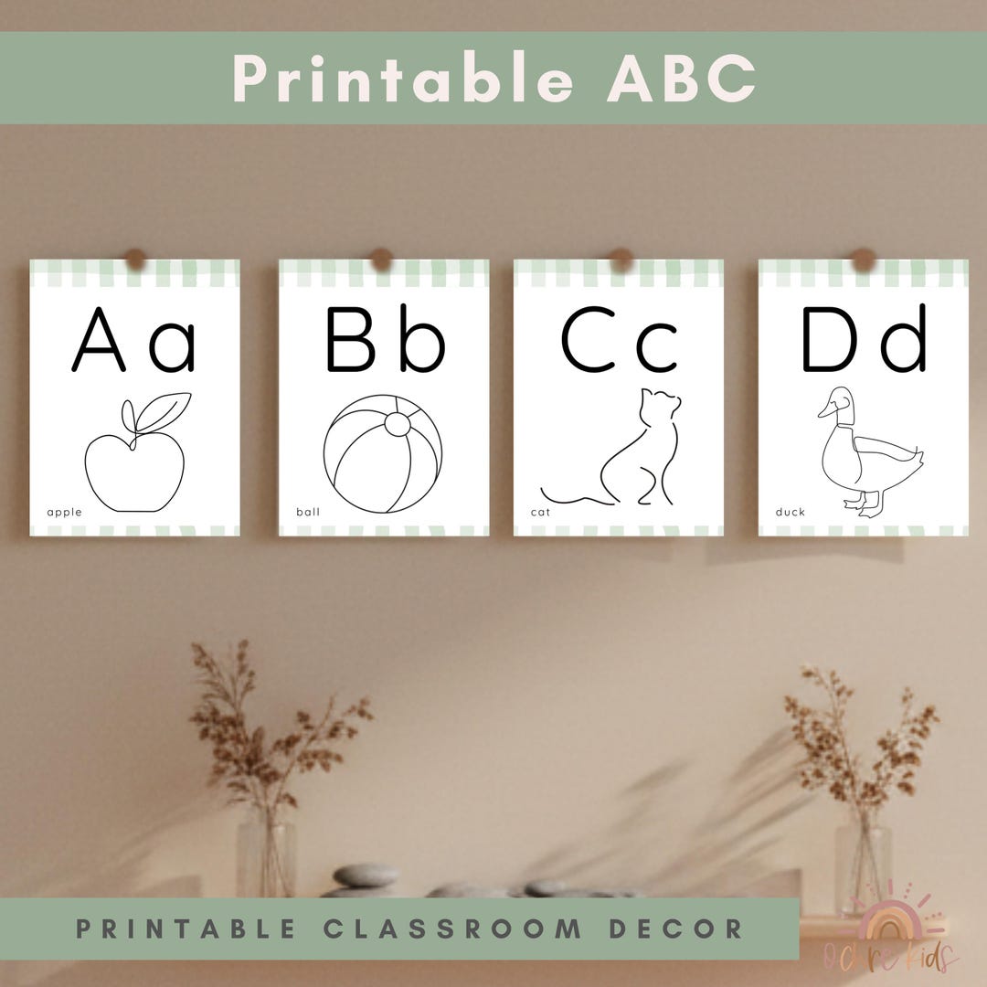ABC Wall Cards Printable Classroom Decor Green Gingham With Simple Line ...