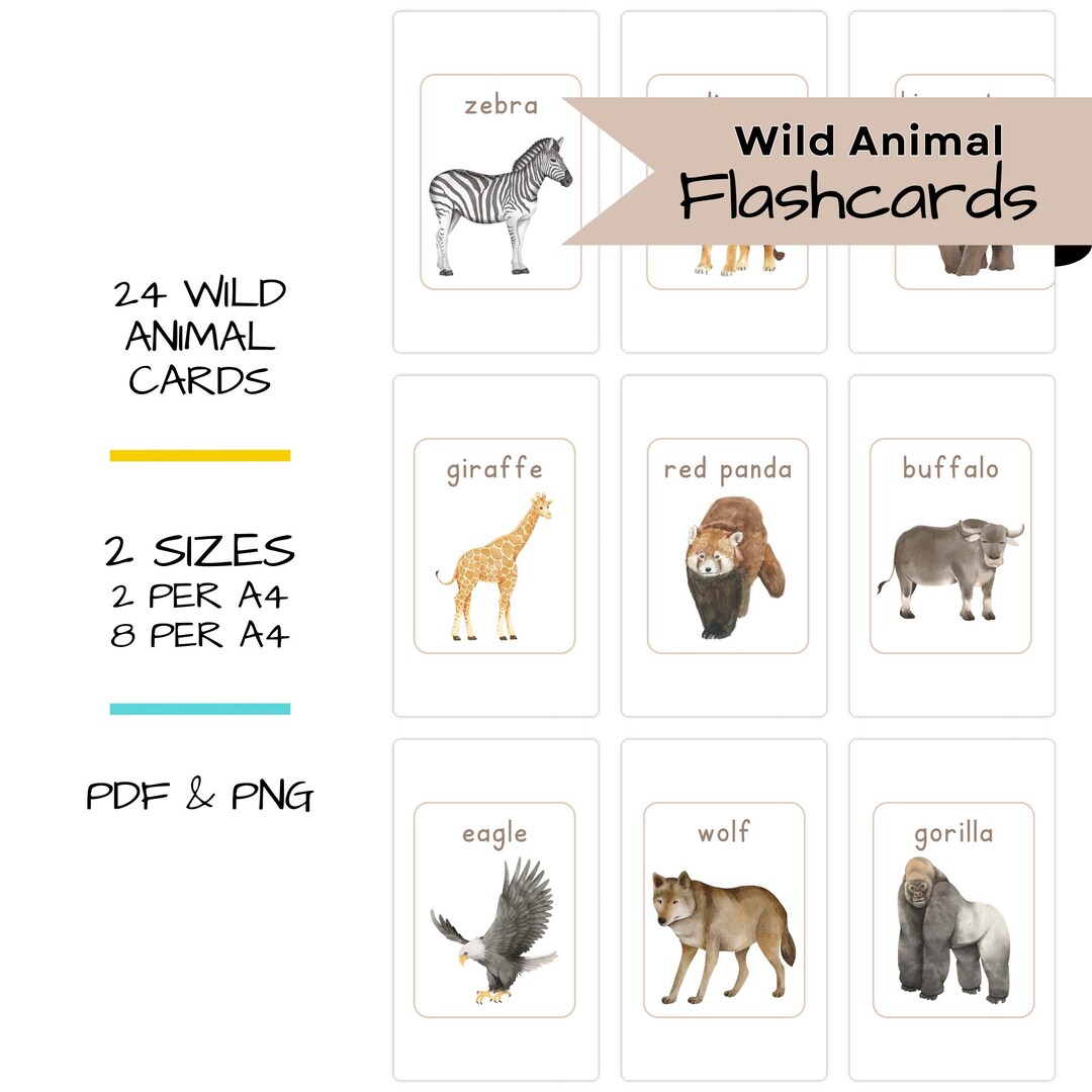 Wild Animal Printable Flash Cards, Montessori Nature Learning Cards ...