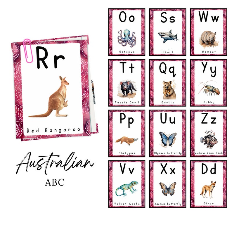 Alphabet Posters AUSTRALIAN ANIMALS, ABC Classroom Decor, Pink ...