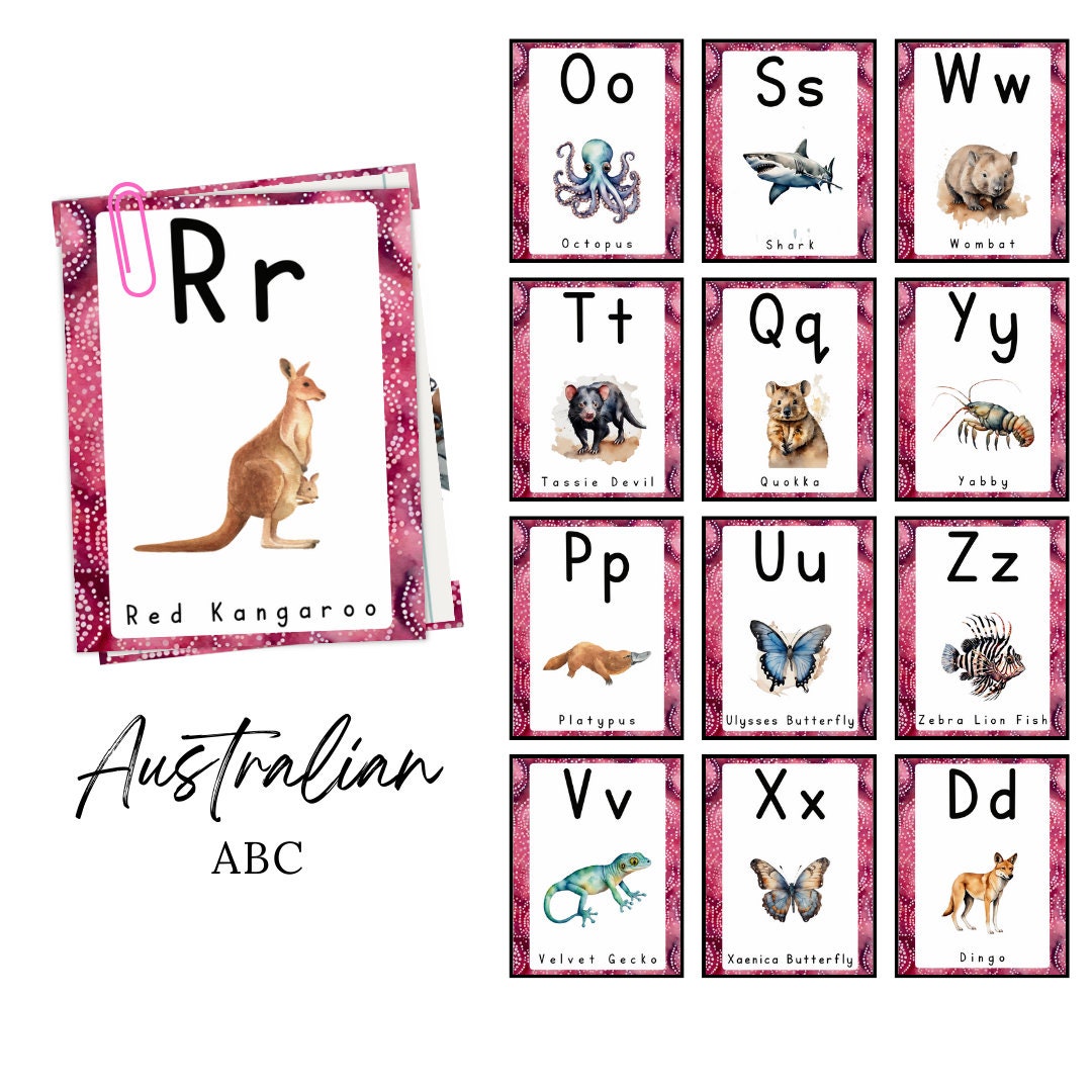 Alphabet Posters AUSTRALIAN ANIMALS, ABC Classroom Decor, Pink ...