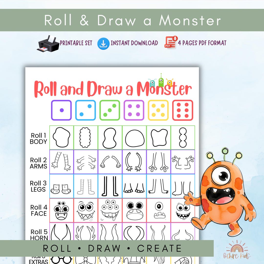 Roll and Draw a Monster | Printable Dice Drawing Game | Monster Art ...