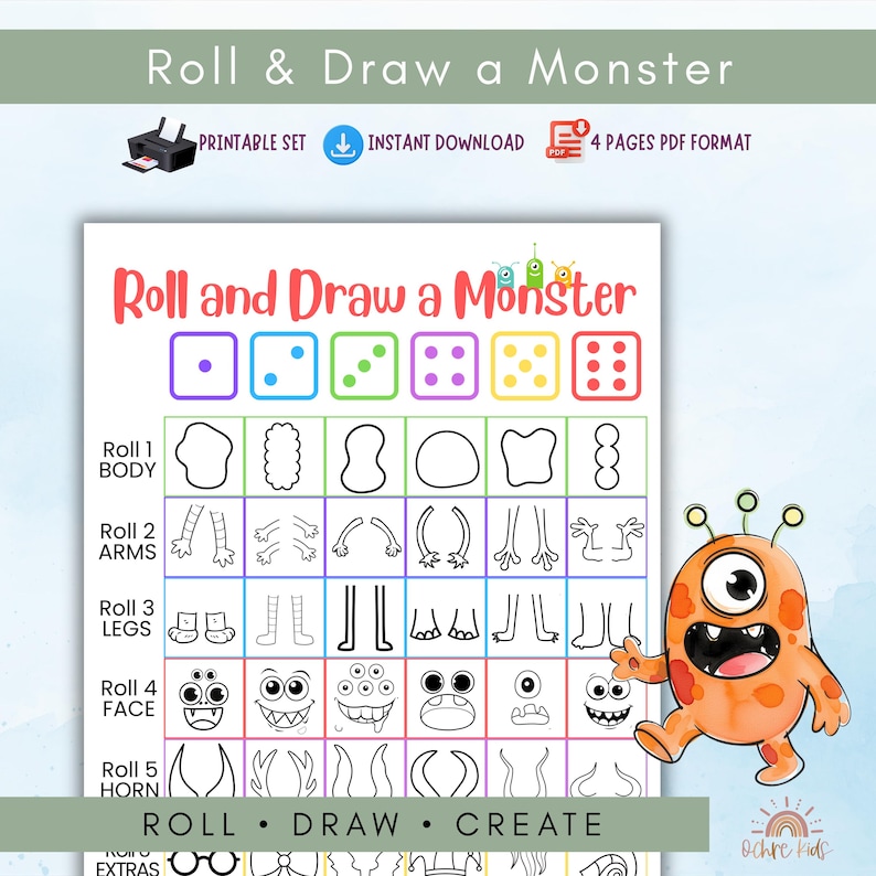 Roll and Draw a Monster | Printable Dice Drawing Game | Monster Art ...