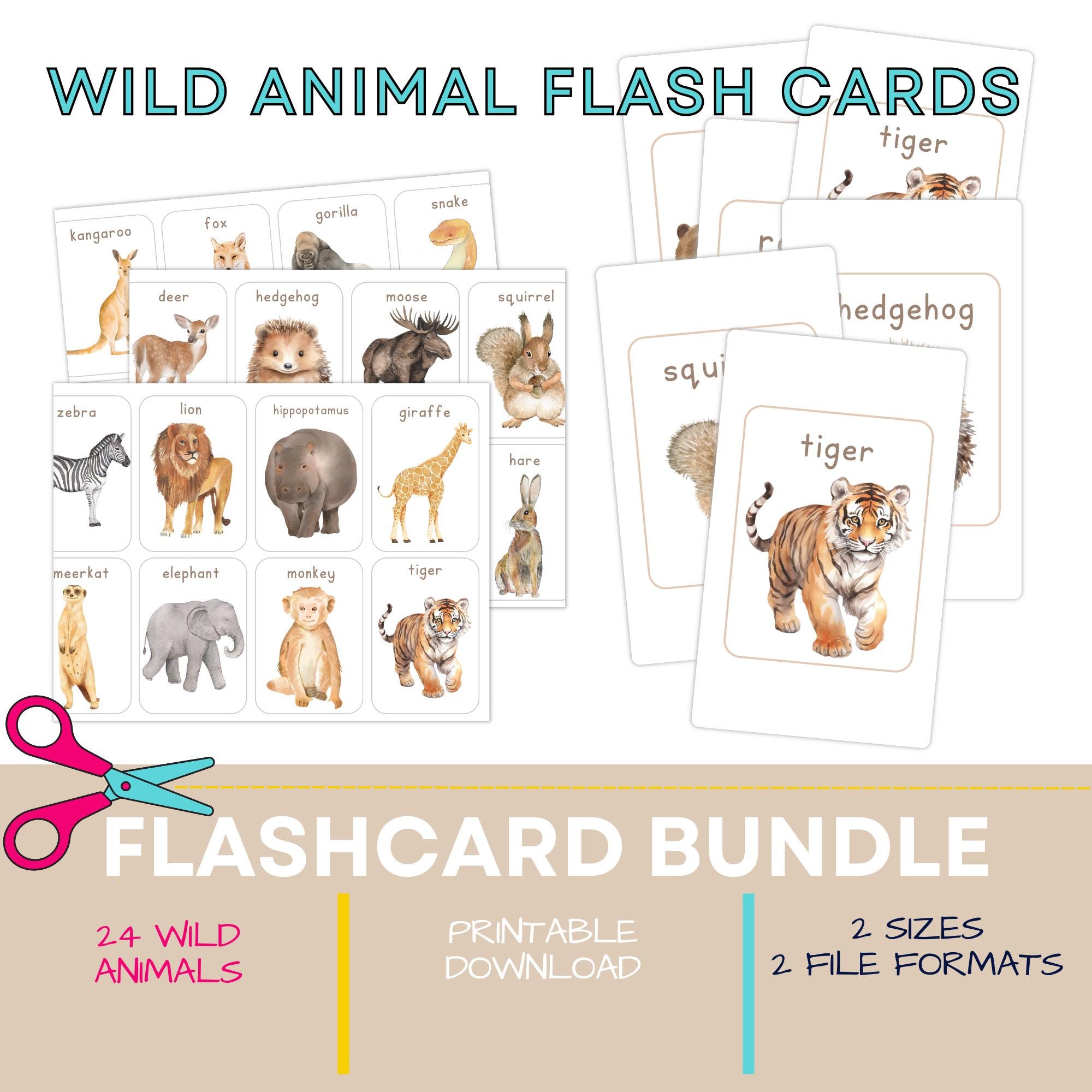 Wild Animal Flash Cards Montessori Nature Learning Preschool Vocabulary ...