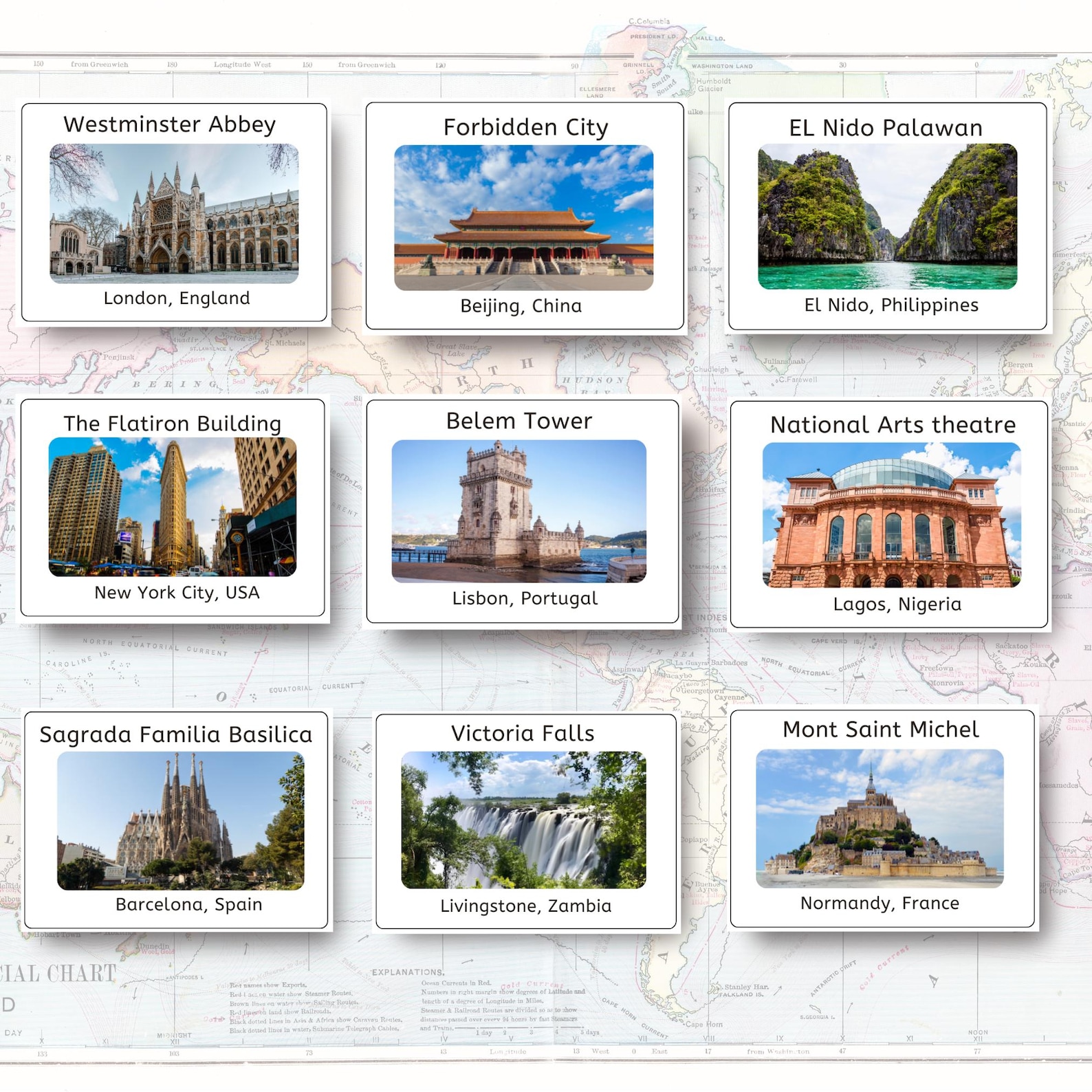 Landmark Flashcards: Geography Learning Aid for Kids (PDF Download A4 ...
