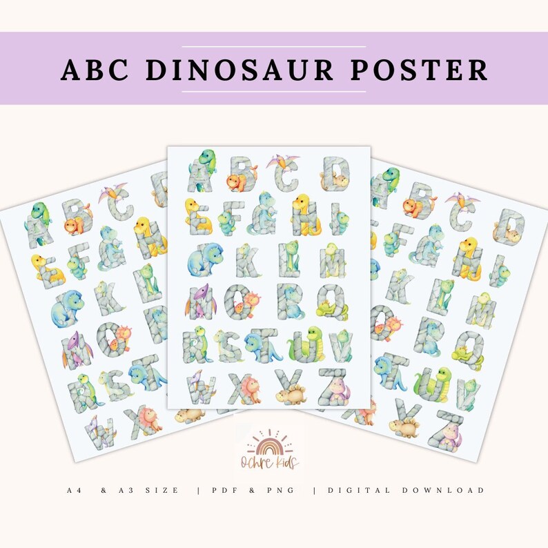 Dinosaur Alphabet Poster Kids Room Decor Nursery Decor Digital Download ...