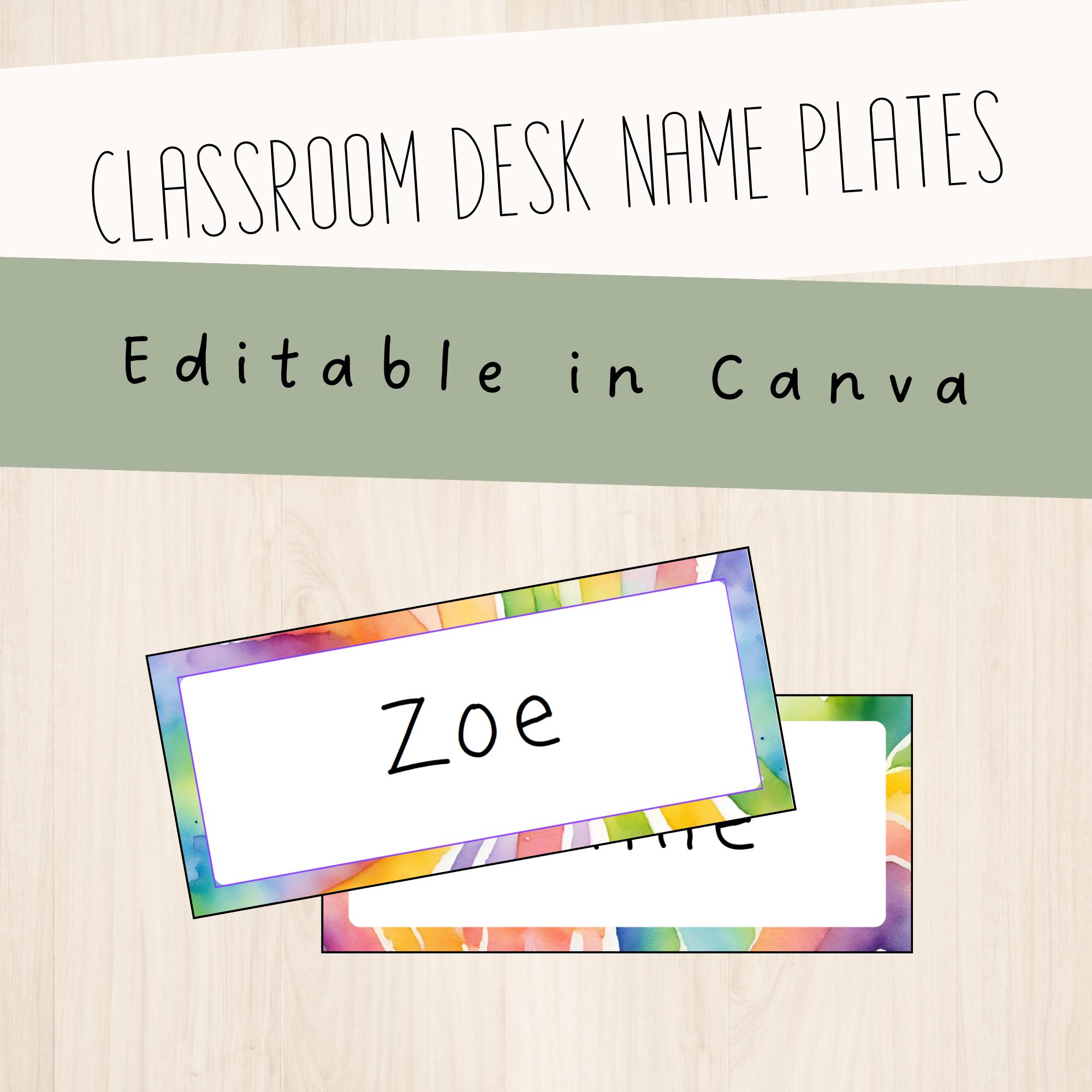 Classroom Name Tags School Printable Desk Plates Editable Rainbow ...
