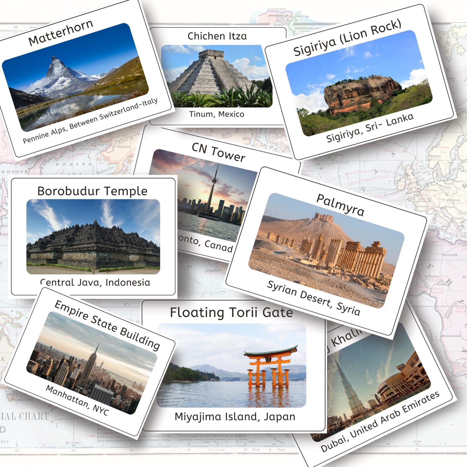 Landmark Flashcards: Geography Learning Aid for Kids (PDF Download A4 ...