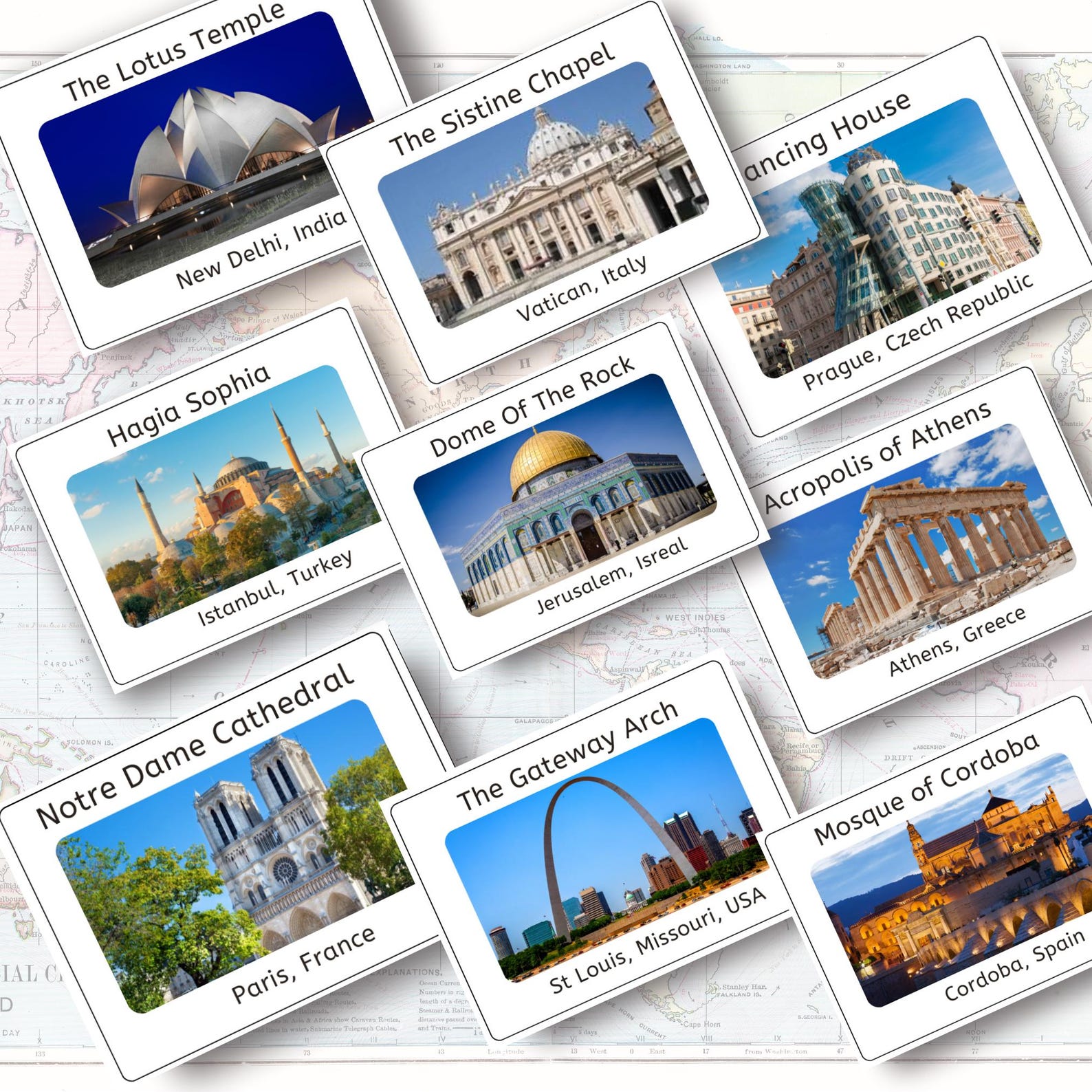 Landmark Flashcards: Geography Learning Aid for Kids (PDF Download A4 ...