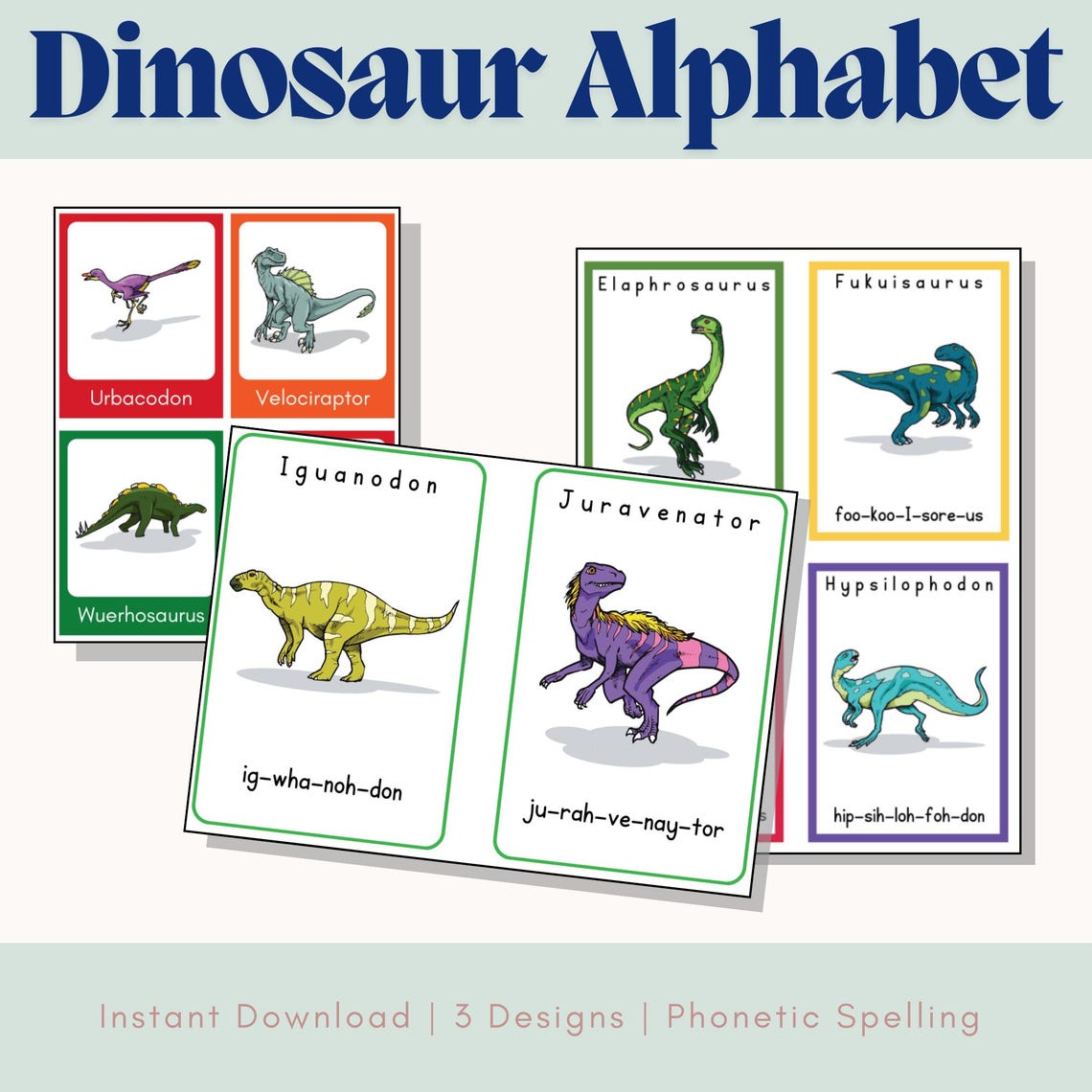 Dinosaur Alphabet Flashcard ABC Printable Flash Cards With Phonetic ...