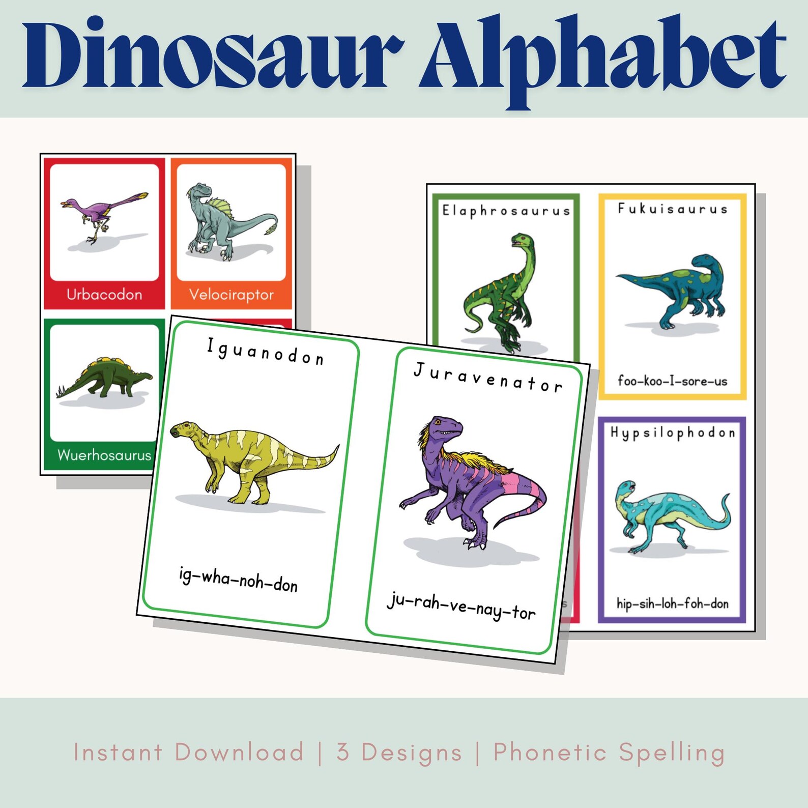 Dinosaur Alphabet Flashcard ABC Printable Flash Cards With Phonetic ...