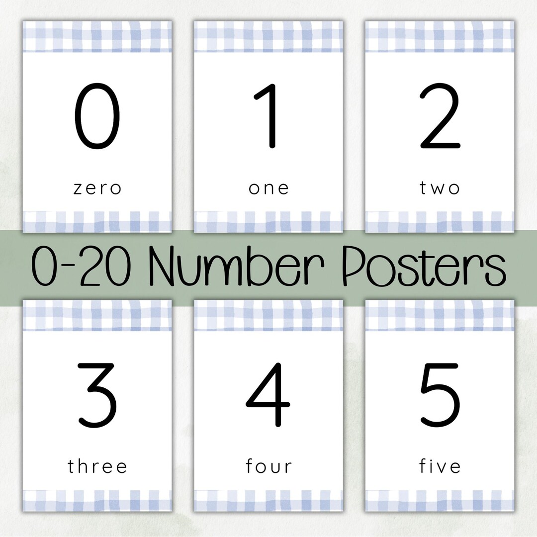 0–20 Number Posters Blue Gingham Number Cards Classroom Decor Number ...