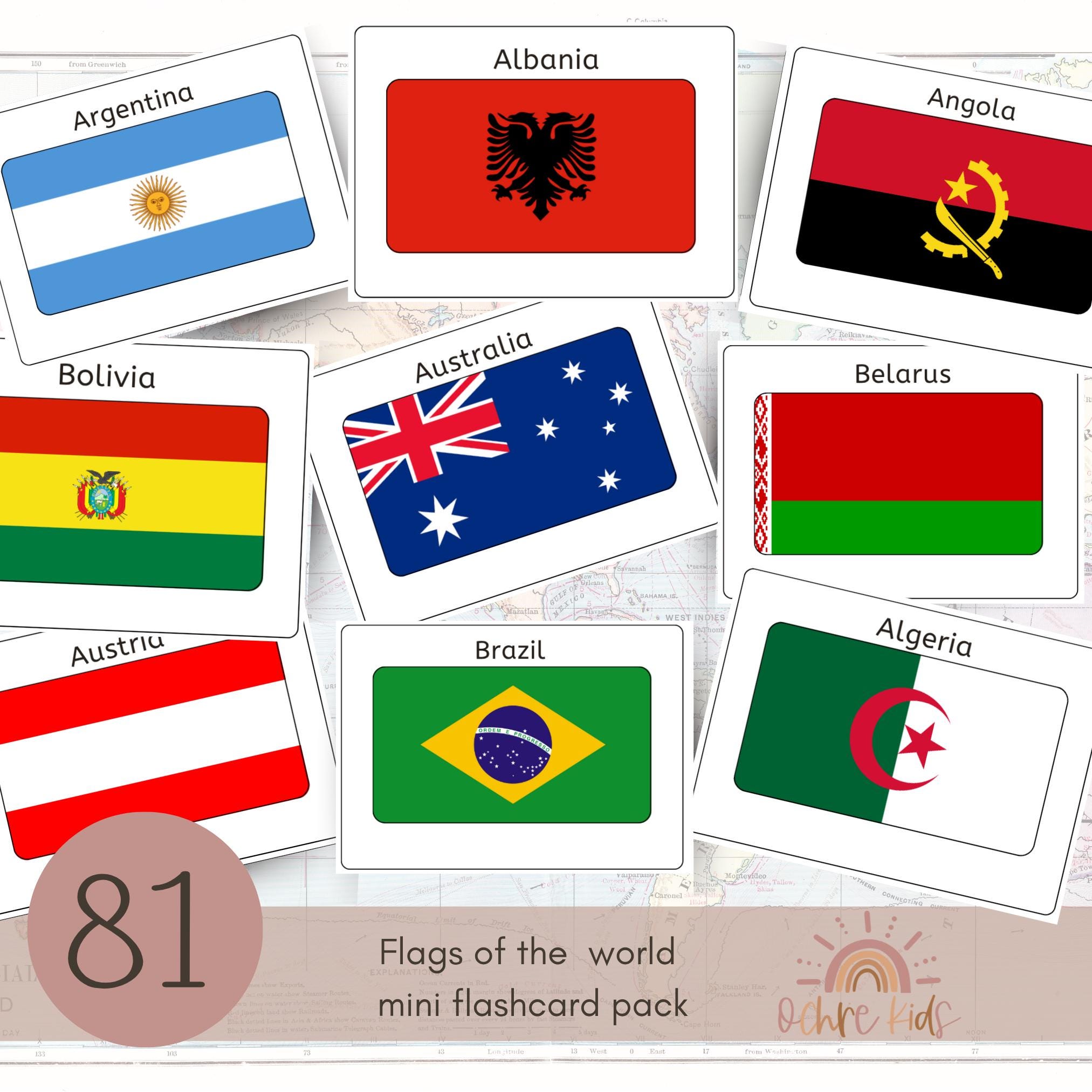 Flags of the World Flashcards: Geography Learning Aid (PDF Download A4 ...