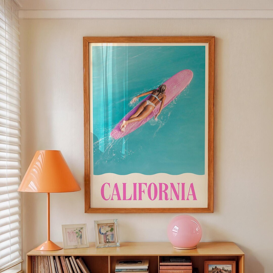 Preppy Surf Poster, California Wall Art, Pink Coastal Print, Surf Room ...