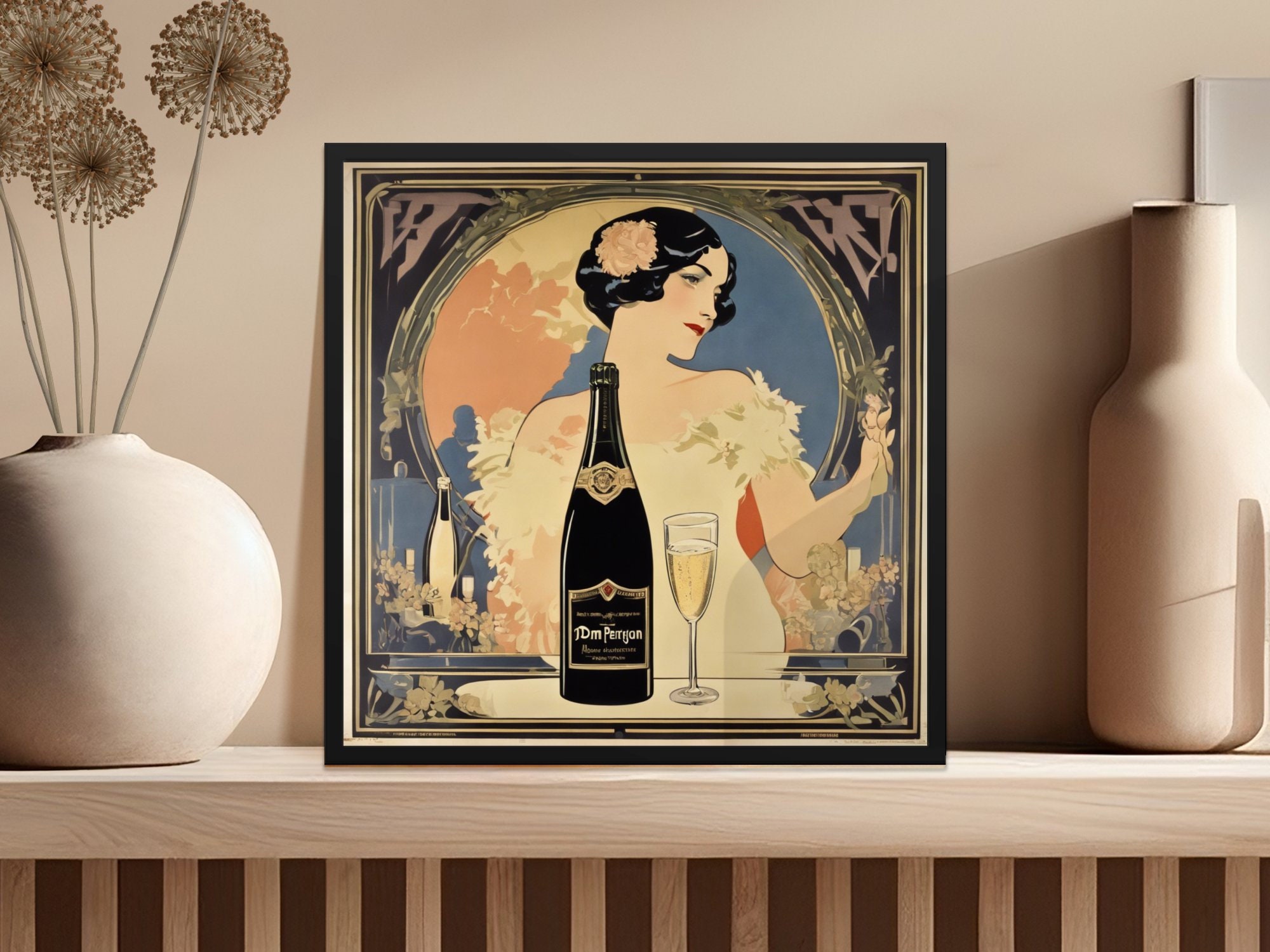 Vintage Art Deco Champagne Poster, Elegant Woman With Champagne Glass ...