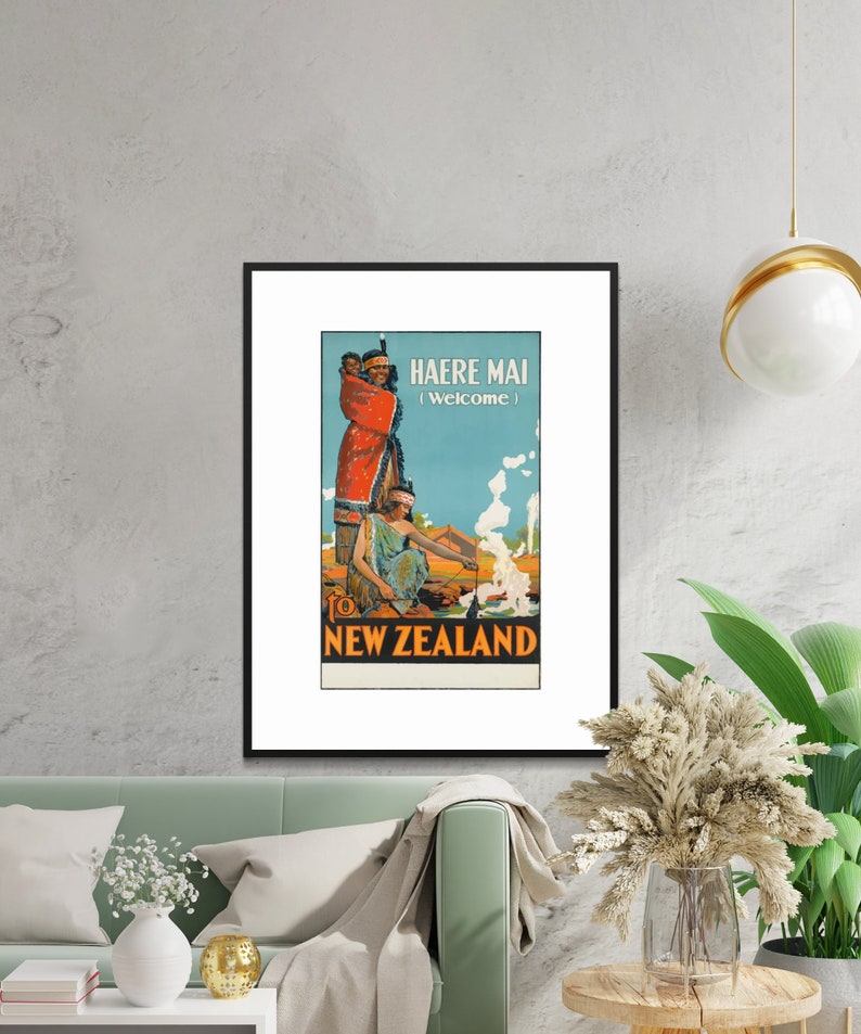 Vintage New Zealand Travel Poster: Maori Art, Haere Mai Welcome ...