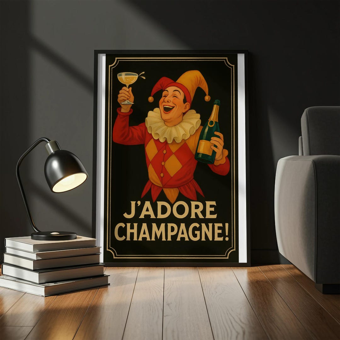 Vintage French Champagne Jester Poster: Harlequin Bar Cart Art (digital ...