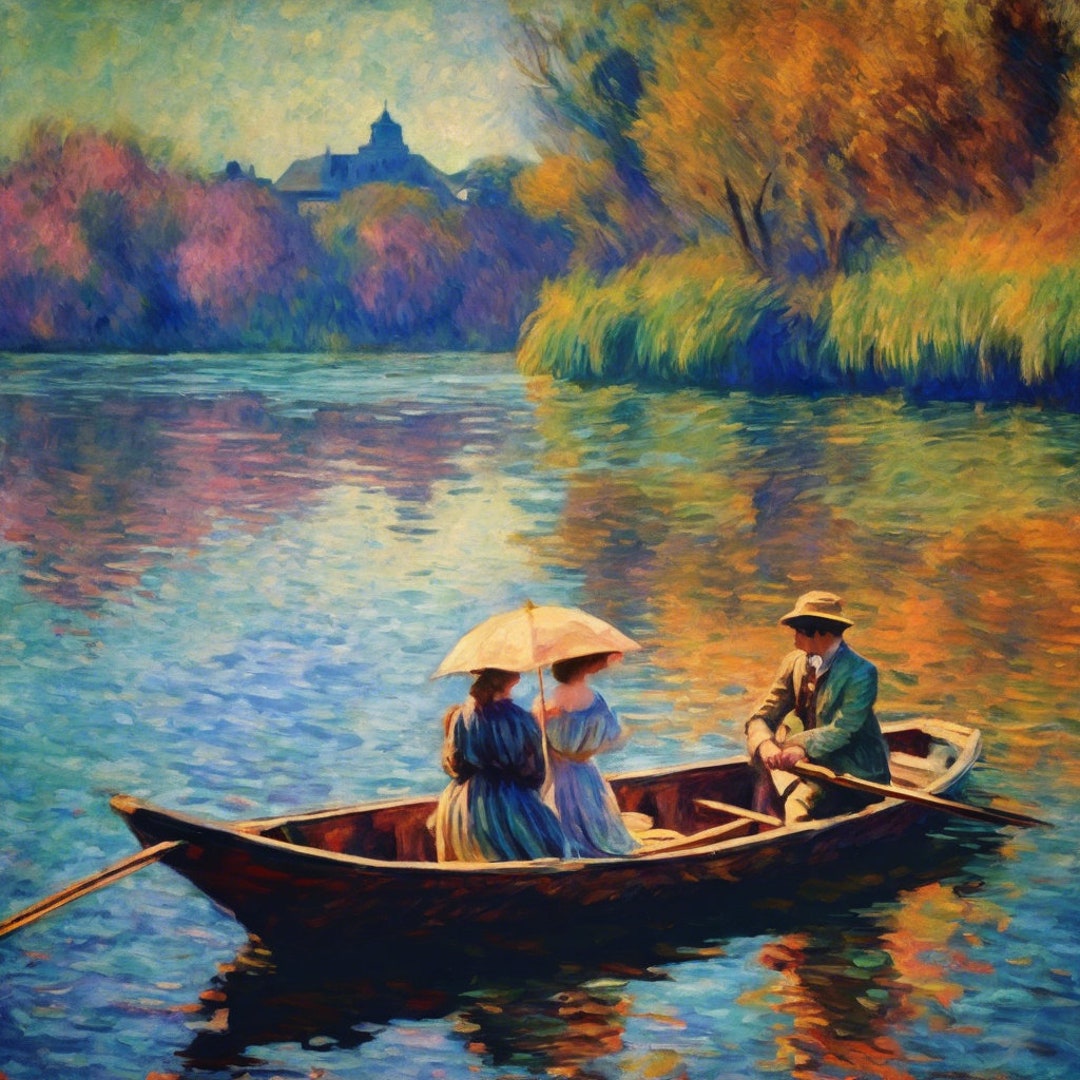Vintage Impressionist Boat Ride Art Print, Romantic River Scene Digital ...