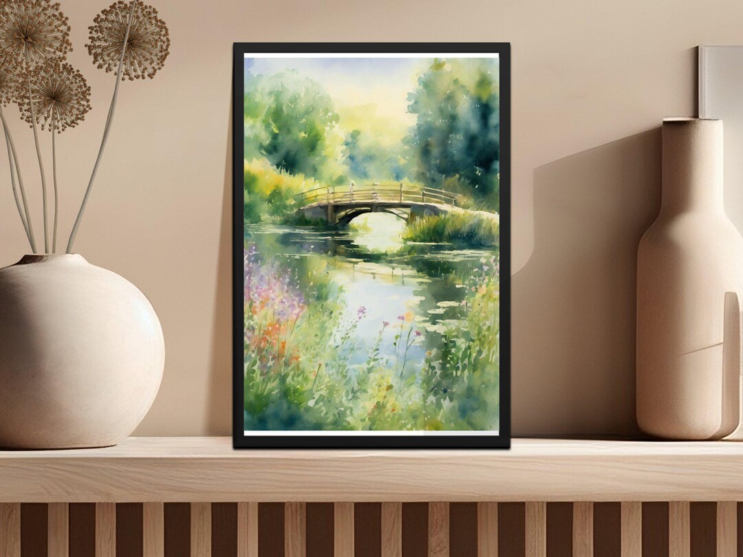 Serene Watercolor Landscape Digital Download, Tranquil Garden Bridge ...