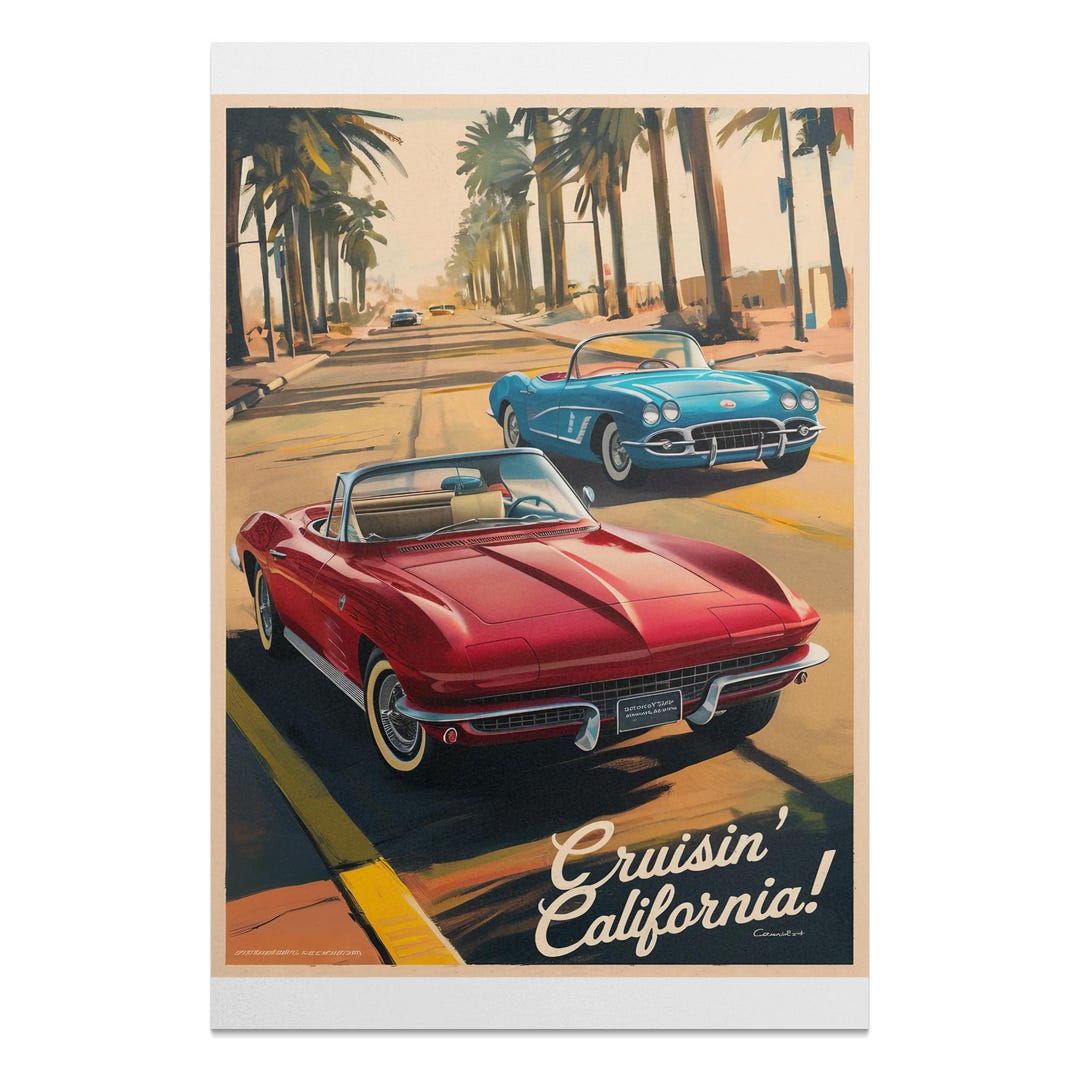 Vintage Car Art Print Digital Download Cruisin' California Retro Poster ...