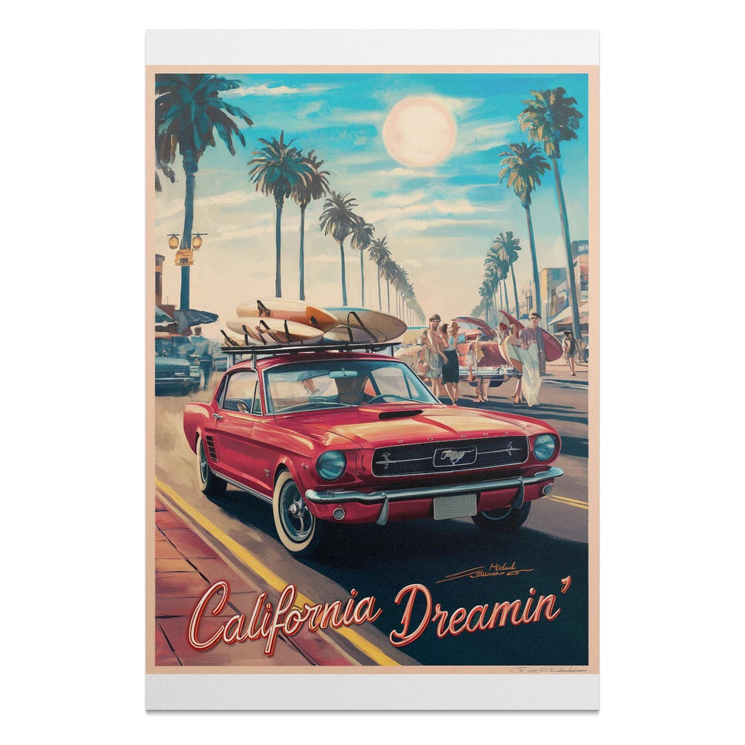 Vintage Mustang Surf Car Poster: California Beach Wall Art (digital ...
