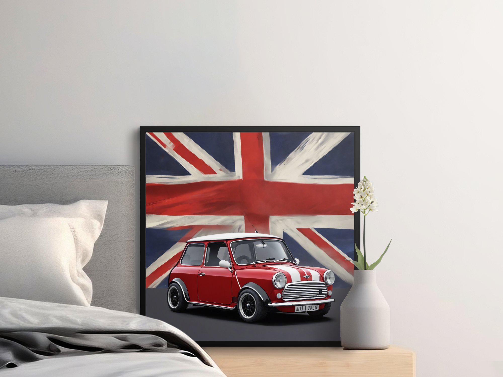 Retro British Mini Cooper Car With Union Jack Flag Background, Classic ...