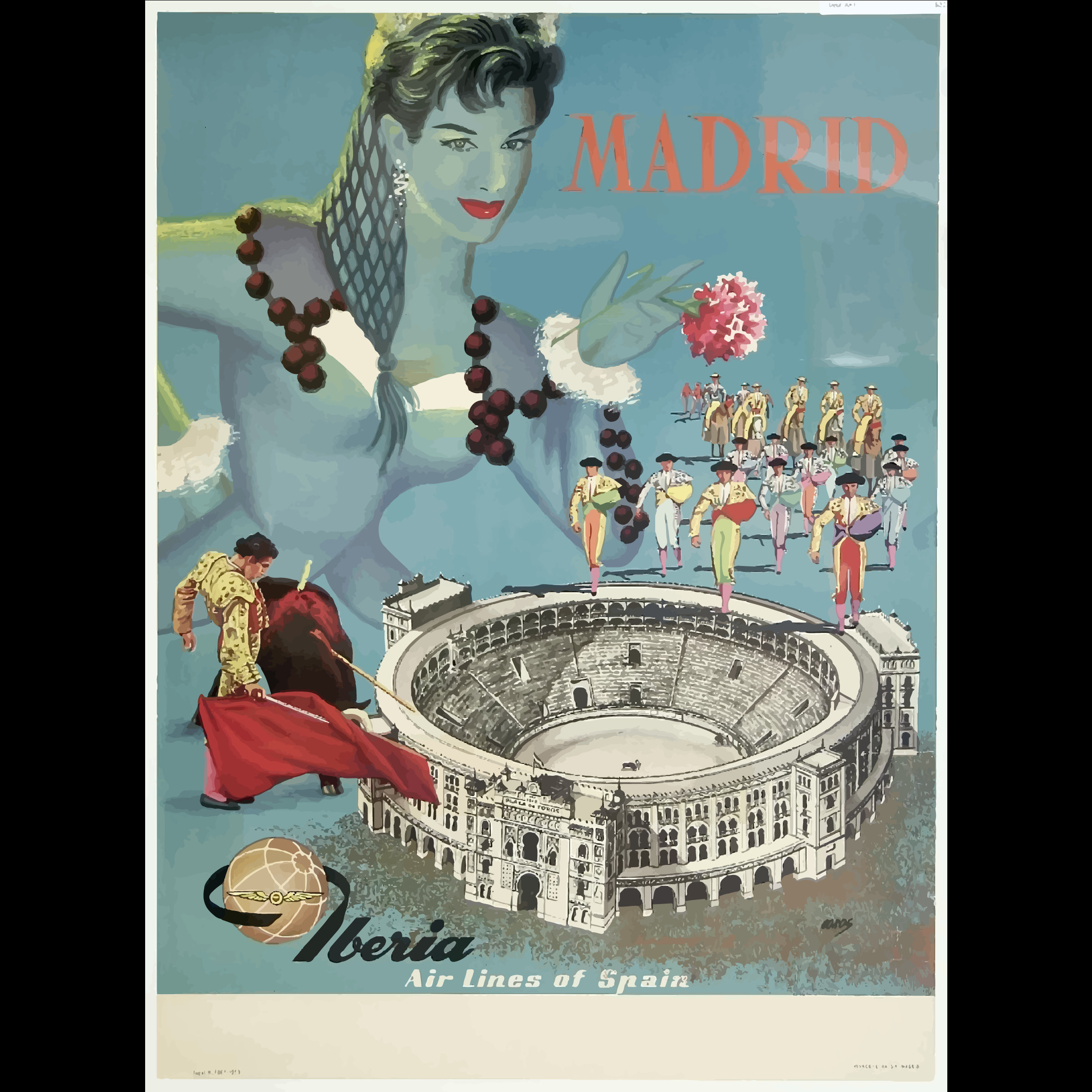 Vintage Madrid Travel Poster, Classic Spanish Bullfight and Flamenco ...