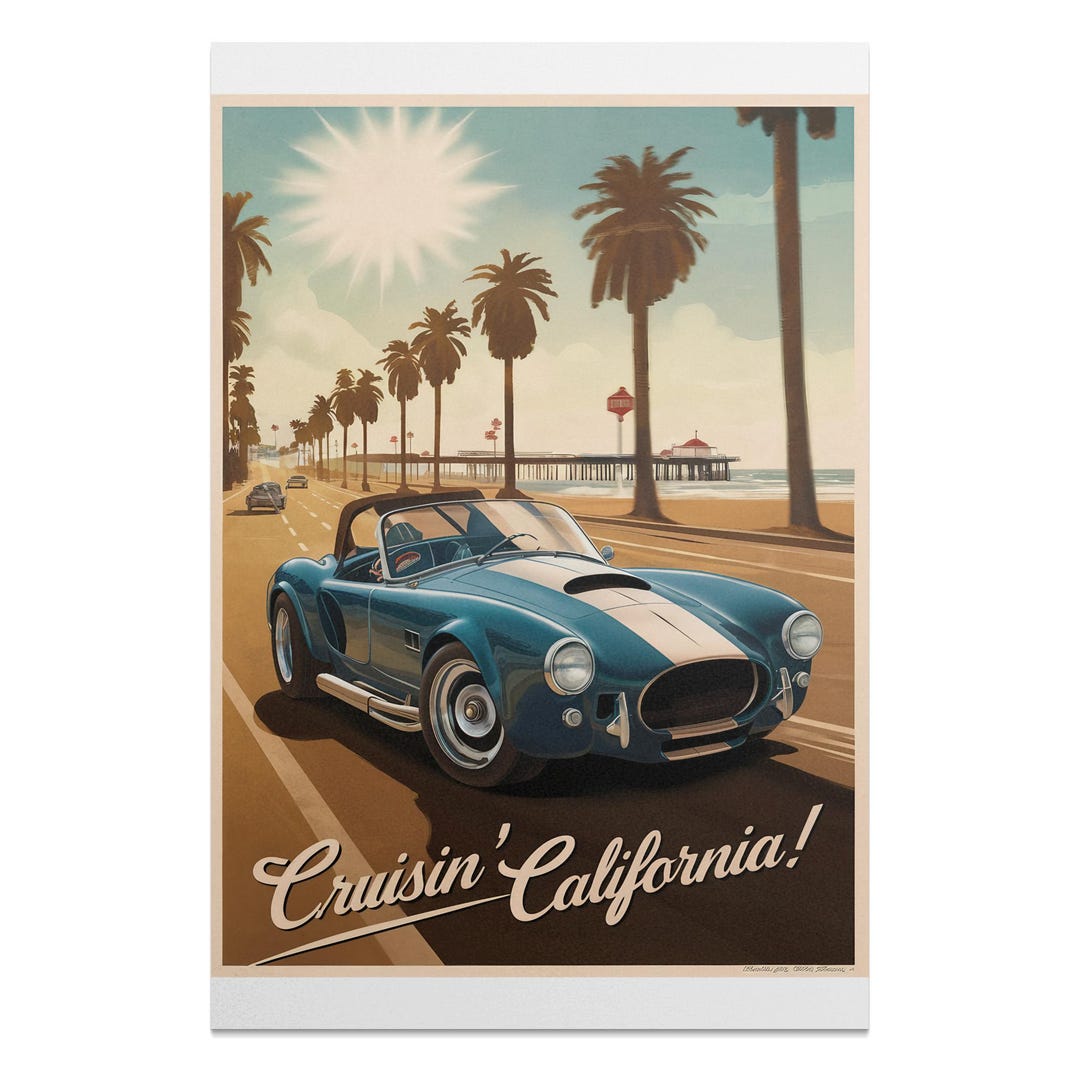 Vintage California Car Poster, Beach Road Art, Classic Car Decor ...