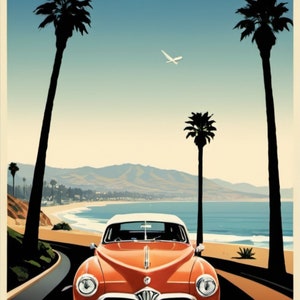 Vintage California Travel Poster, Classic Car Art Print, Retro Wall ...
