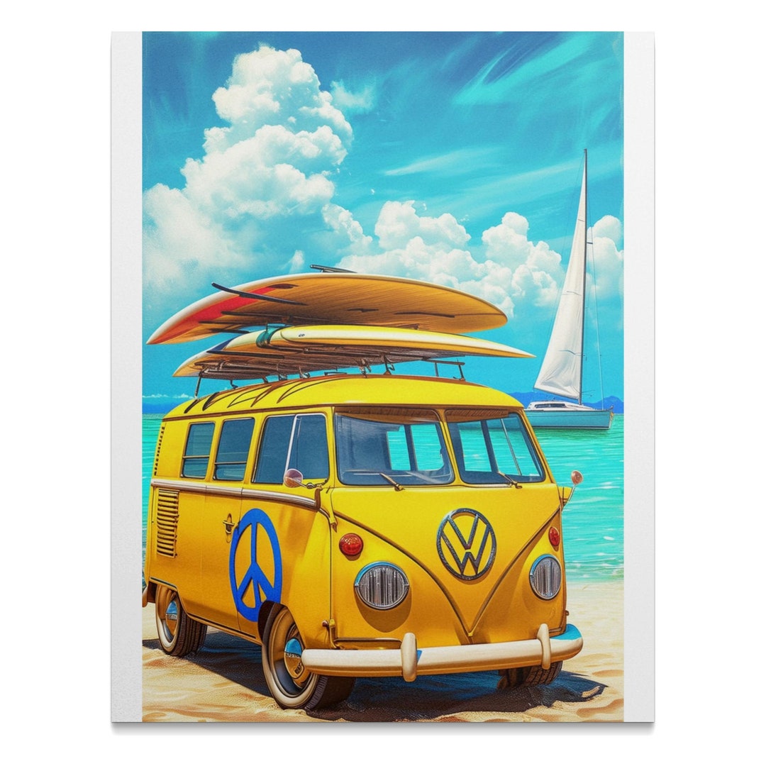 Vintage VW Bus Wall Art, Surfboard Beach Scene, Tropical Beach Print ...