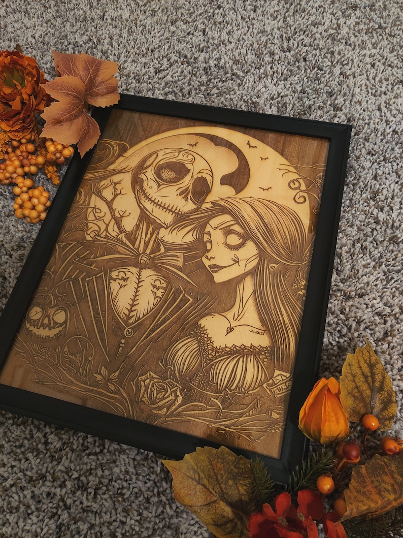 Jack and Sally, Nightmare Before Christmas Engraved Wood Artwork Framed ...