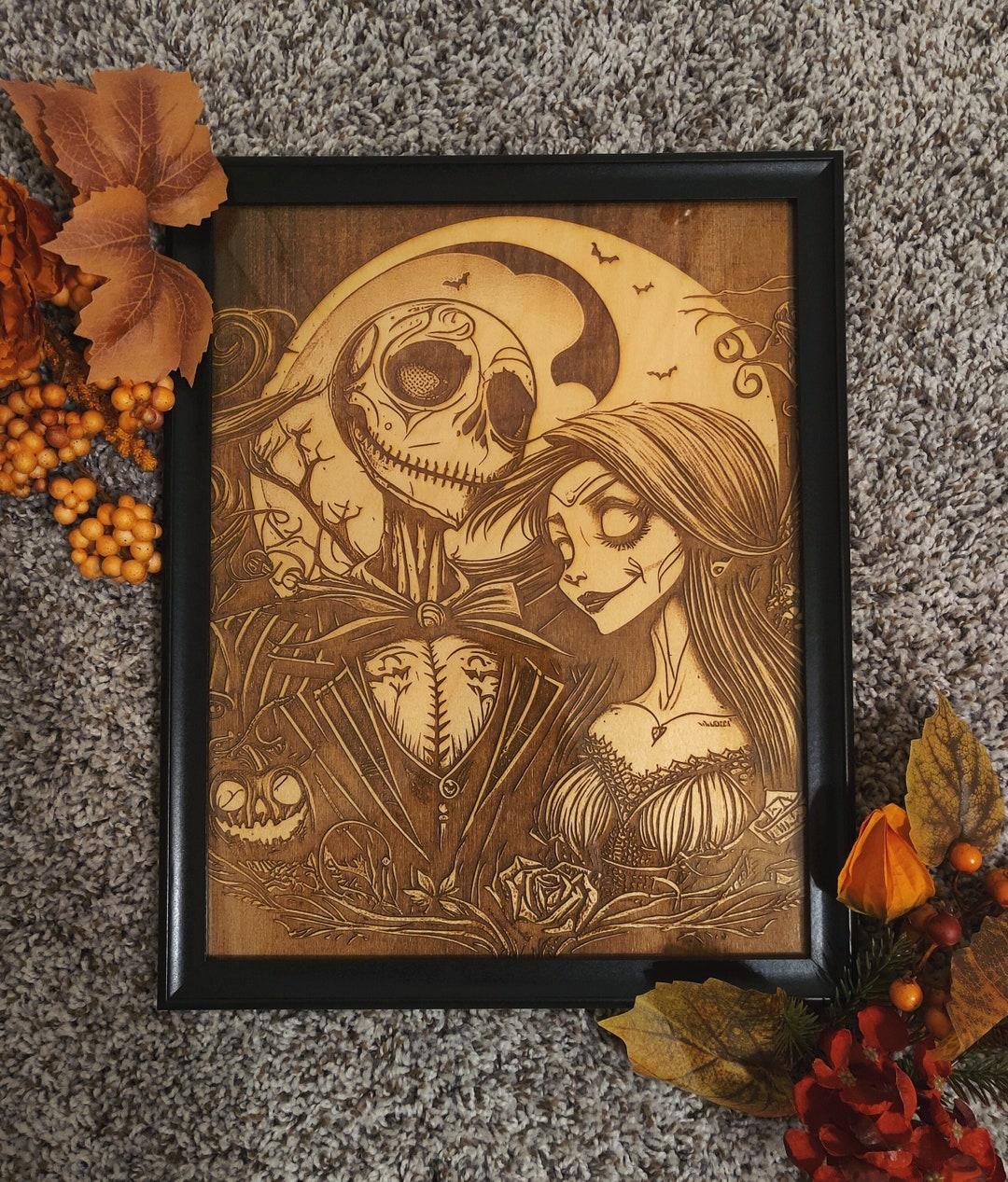 Jack and Sally, Nightmare Before Christmas Engraved Wood Artwork Framed ...