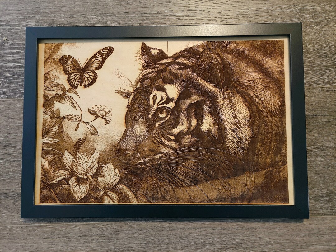 Laser Engraved Tiger Wood Artwork, Framed Floral Animal Art - Etsy