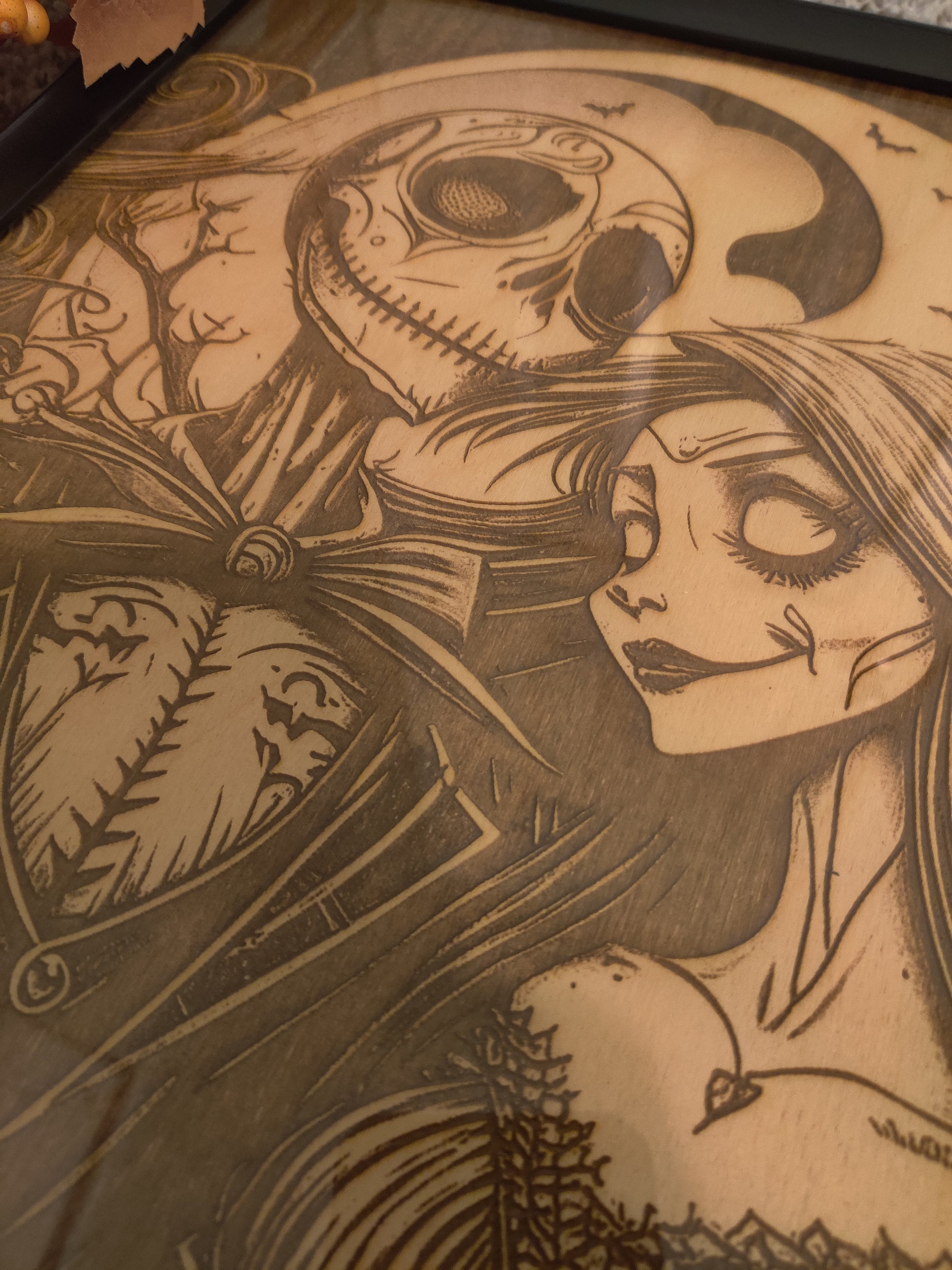 Jack and Sally, Nightmare Before Christmas Engraved Wood Artwork Framed ...