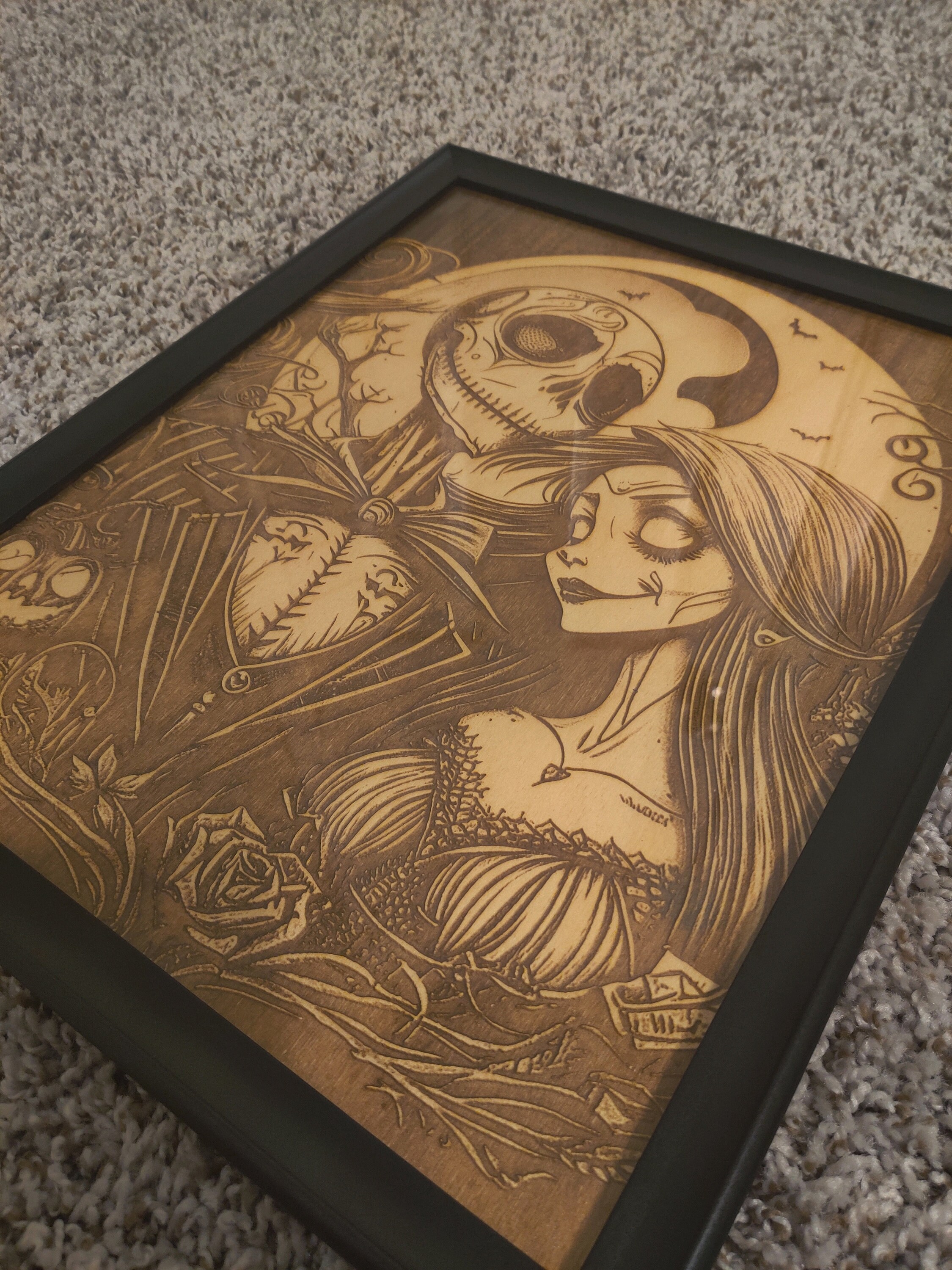 Jack and Sally, Nightmare Before Christmas Engraved Wood Artwork Framed ...