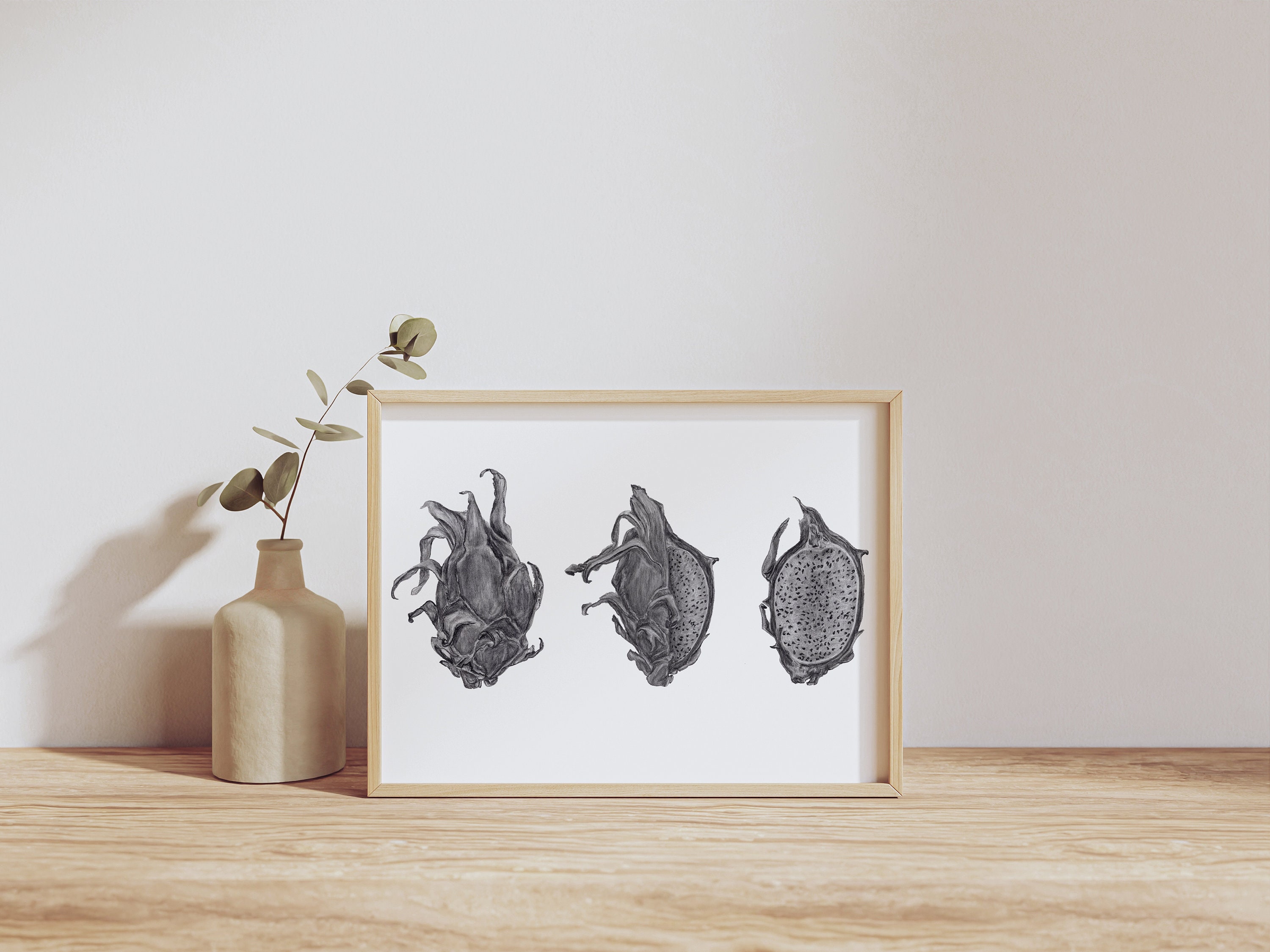 Pitaya Art, Dragon Fruit Graphite Drawing, Kitchen Fruit Wall Art, 8x10 ...