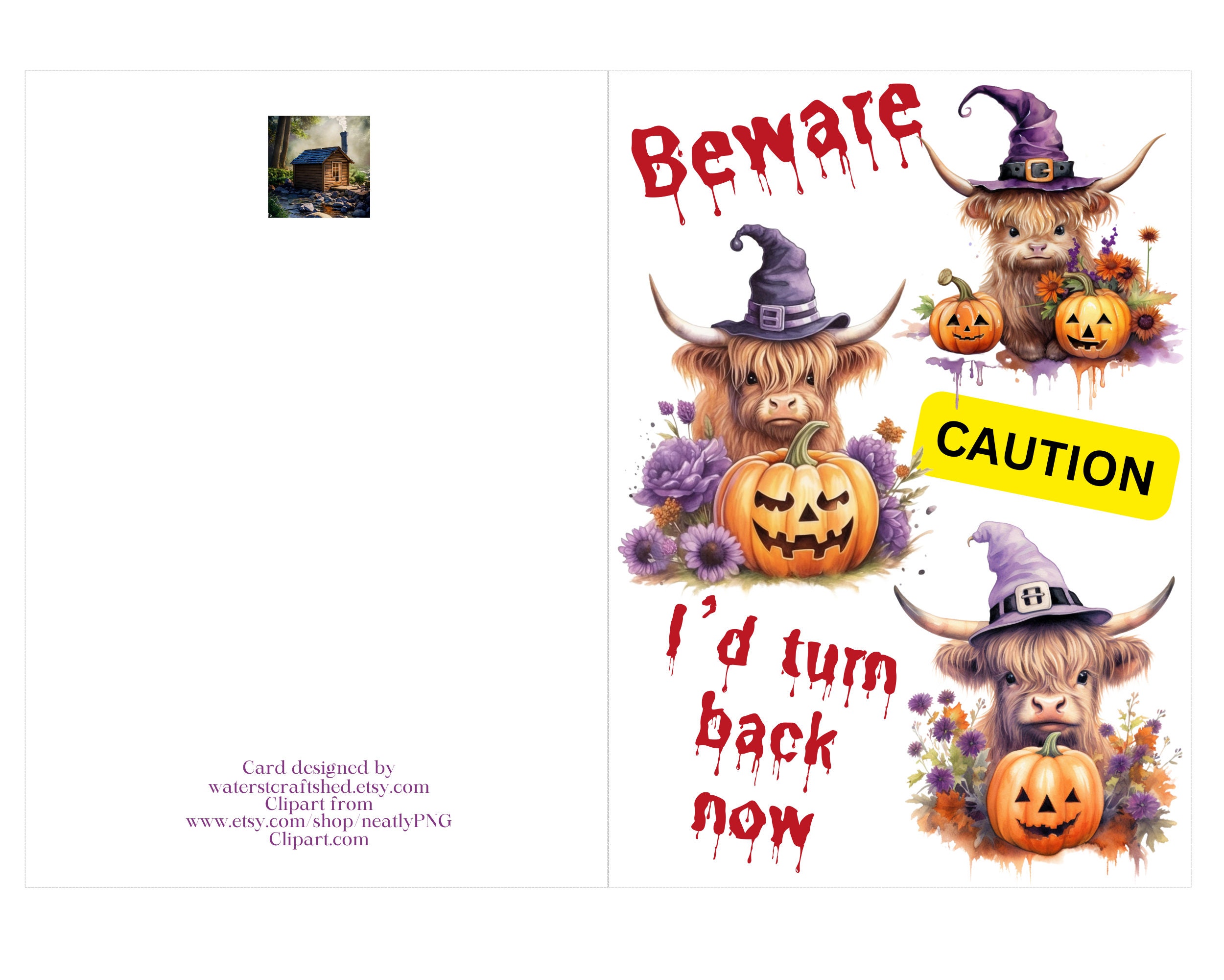 Highland Cow Coven Halloween Card With Jack-o-lanterns and Flowers ...