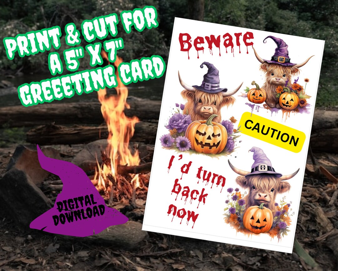 Highland Cow Coven Halloween Card With Jack-o-lanterns and - Etsy